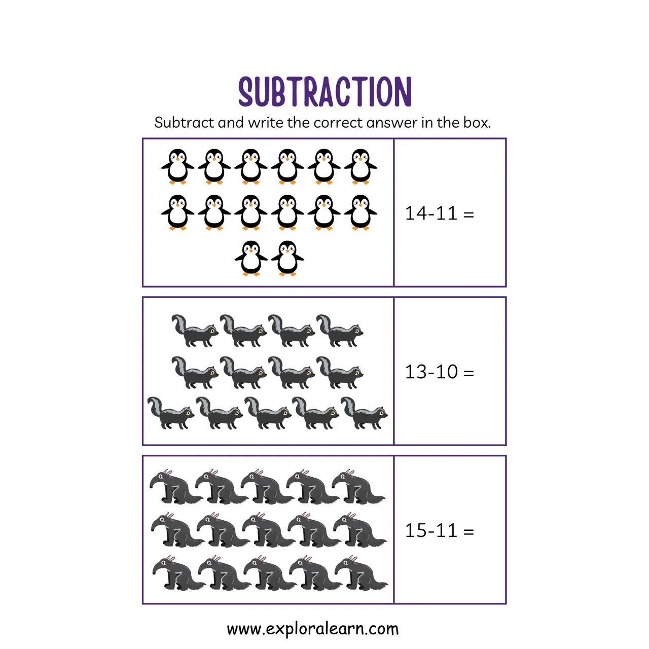 Free Exploralearn Worksheets, Maths Subtraction Worksheets,Picture ...