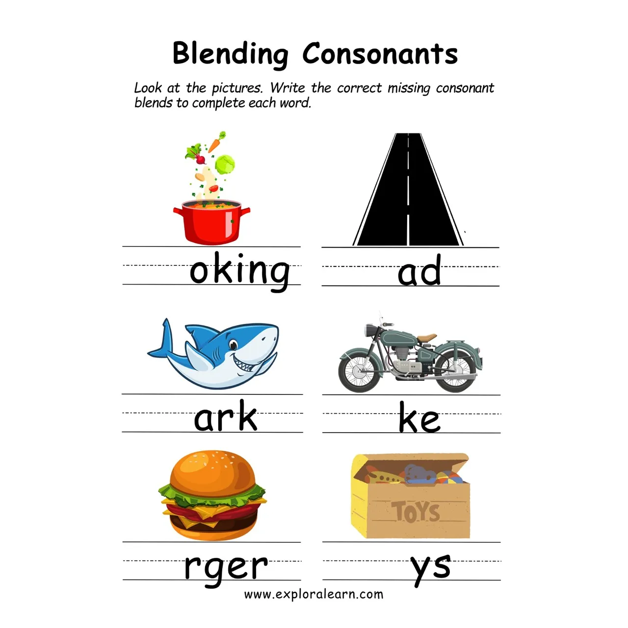 Free Exploralearn Worksheets, Consonant Blends Practice Worksheet
