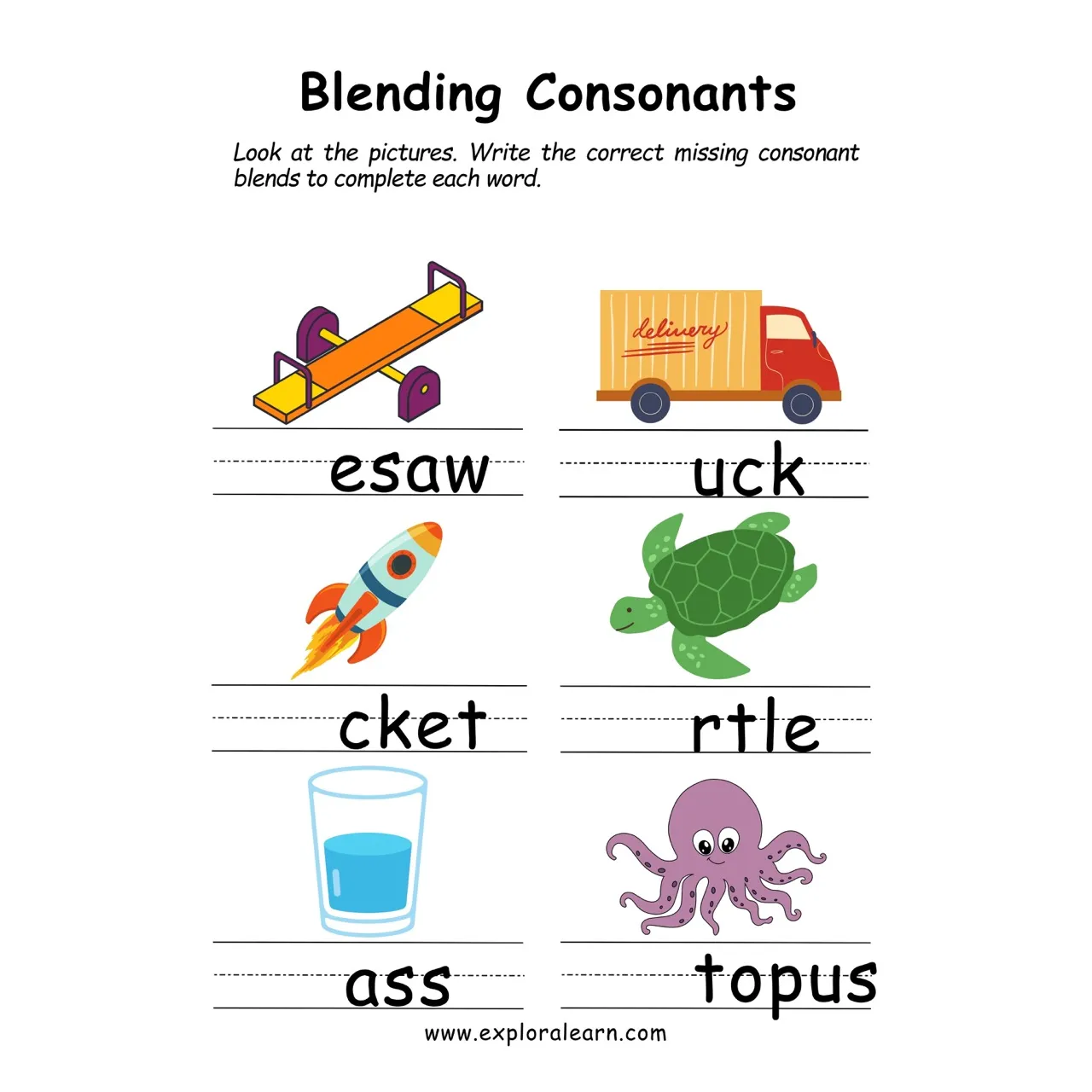 Free Exploralearn Worksheets, Consonant Blends Practice Worksheet