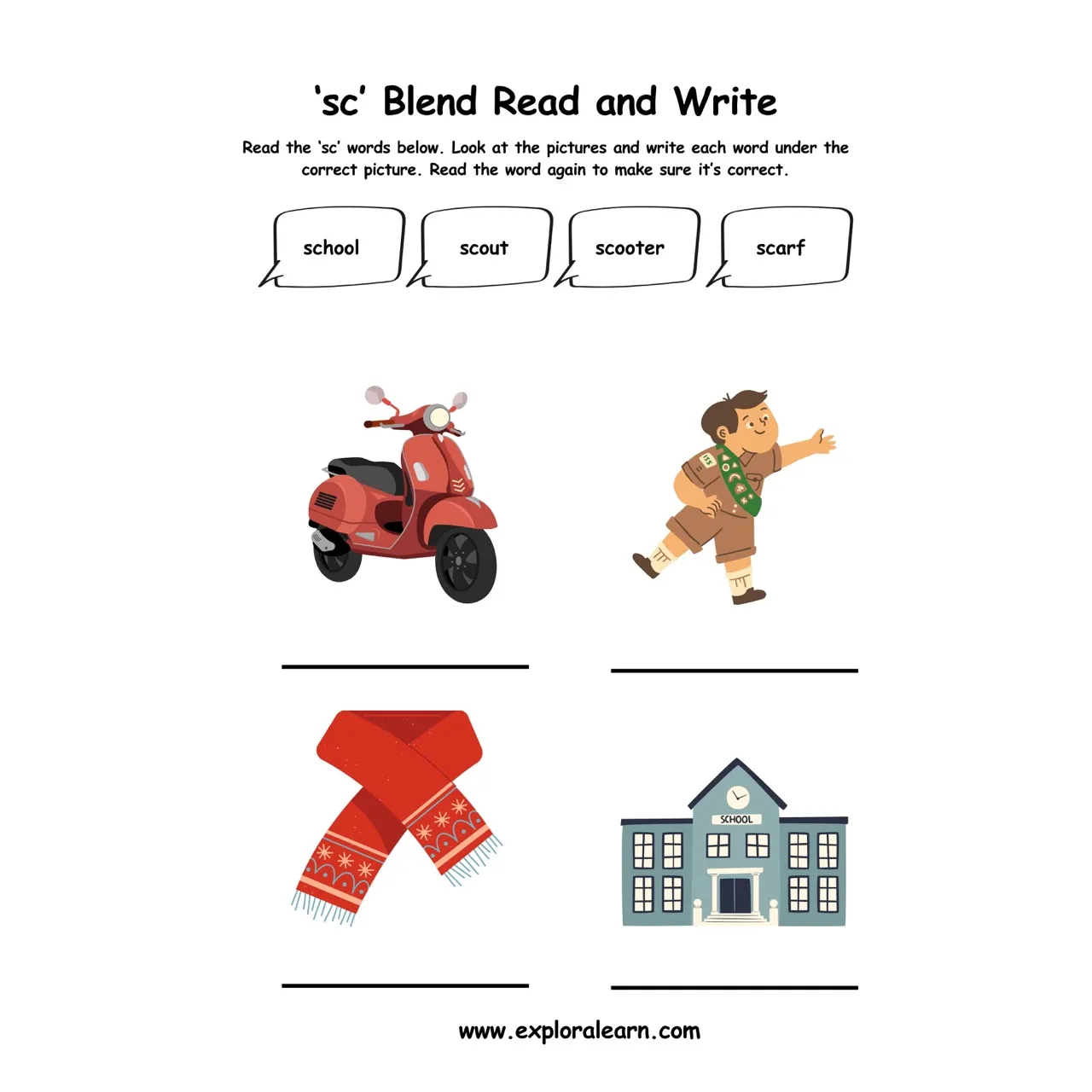 Free Exploralearn Worksheets, Consonant Blends Practice Worksheet