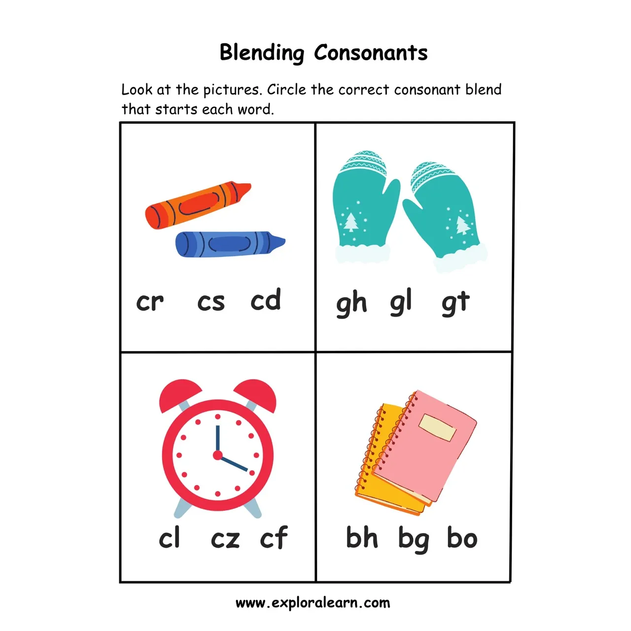 Free Exploralearn Worksheets, Consonant Blends Practice Worksheet