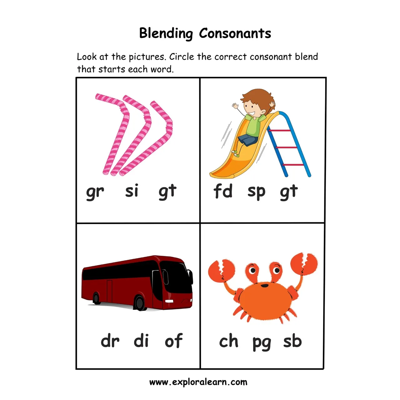 Free Exploralearn Worksheets, Consonant Blends Practice Worksheet