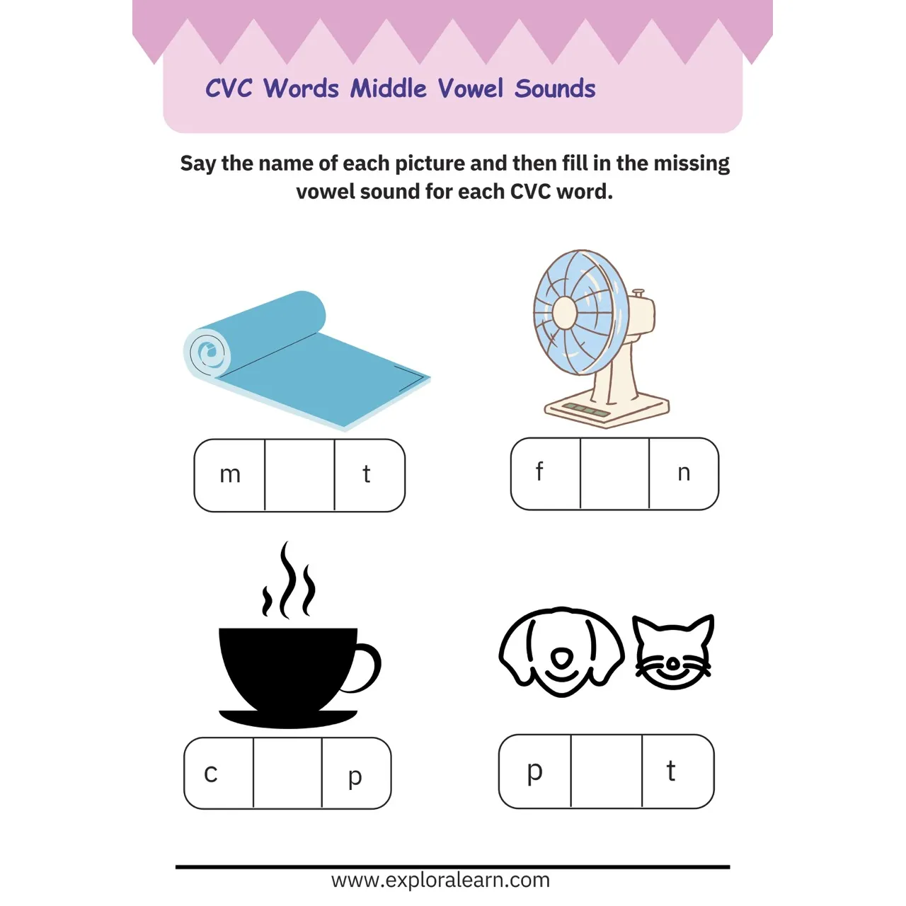 Free Exploralearn Worksheets, CVC Practice Worksheet