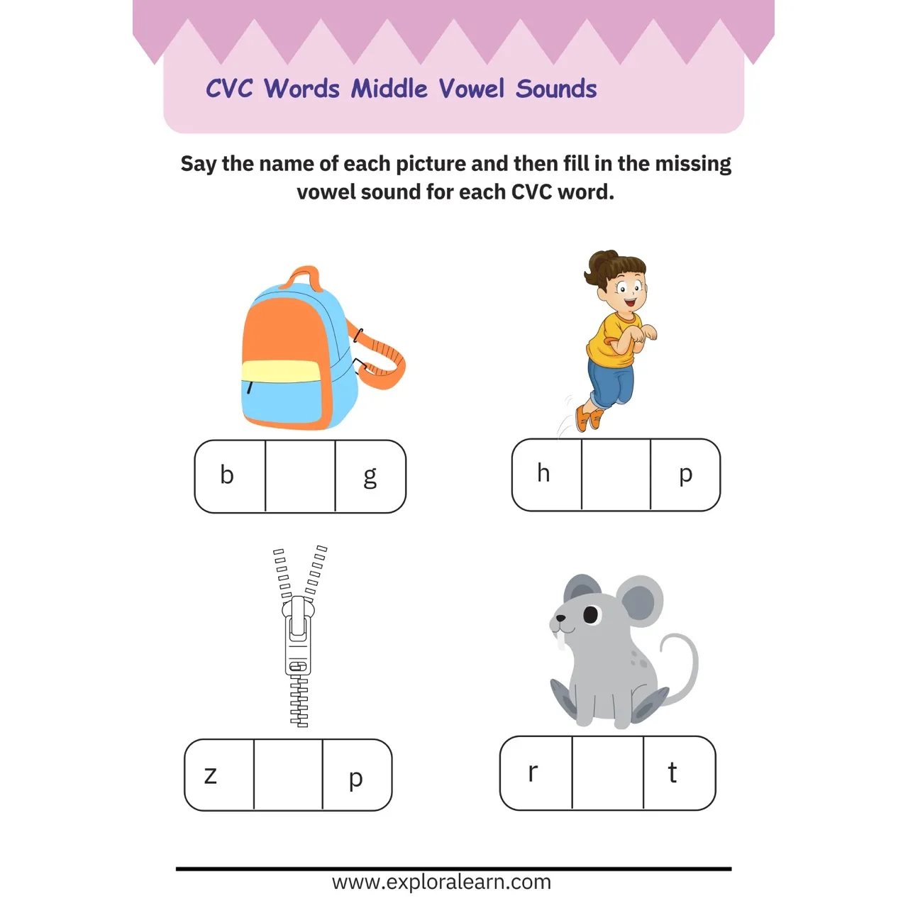 Free Exploralearn Worksheets, CVC Practice Worksheet