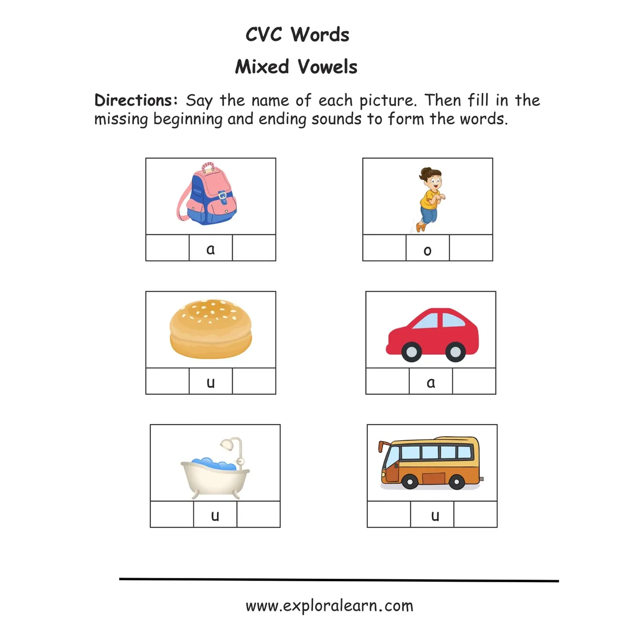 Free Exploralearn Worksheets, CVC Practice Worksheet