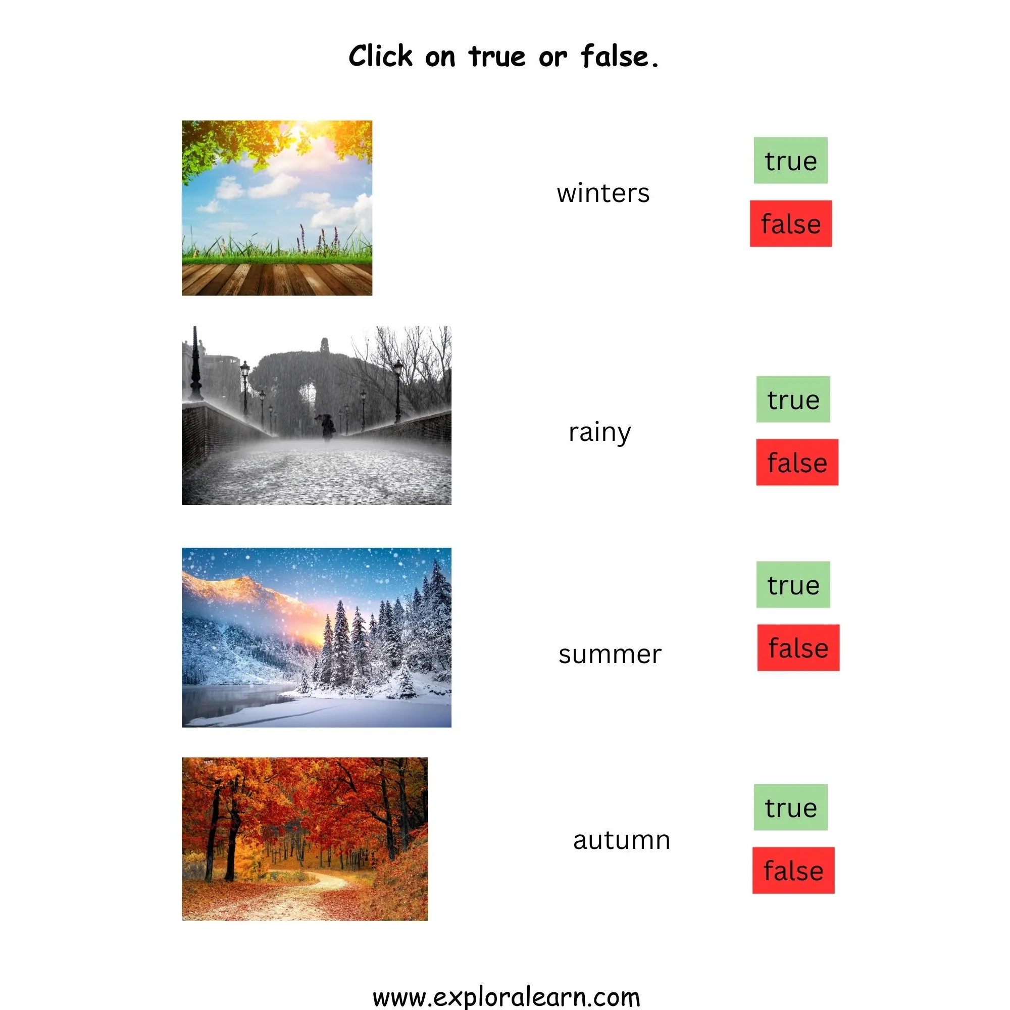 Free Exploralearn Worksheets, Seasons Worksheets,Seasons Type 3