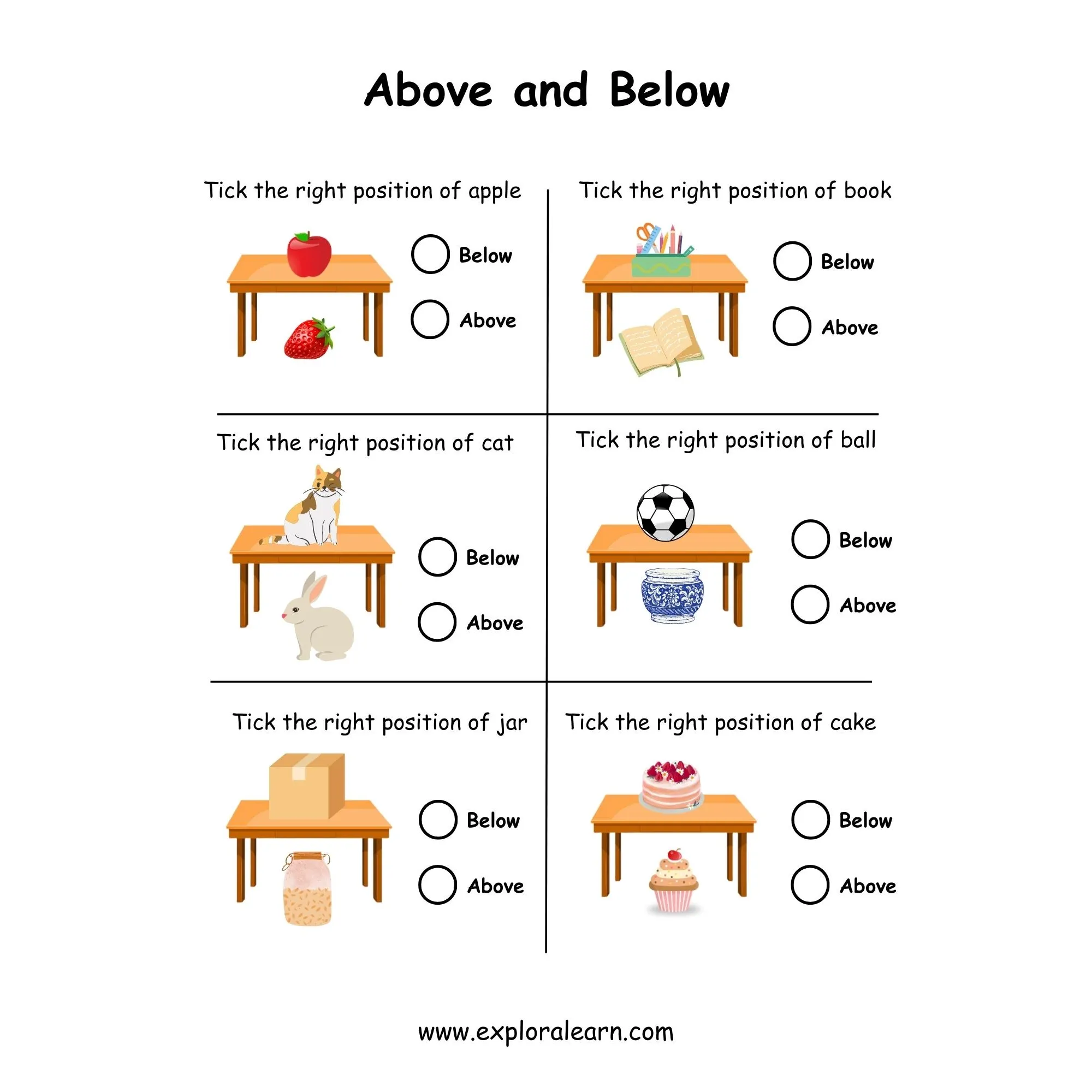 Free Exploralearn Worksheets, Comparisons Worksheets,Above and Below