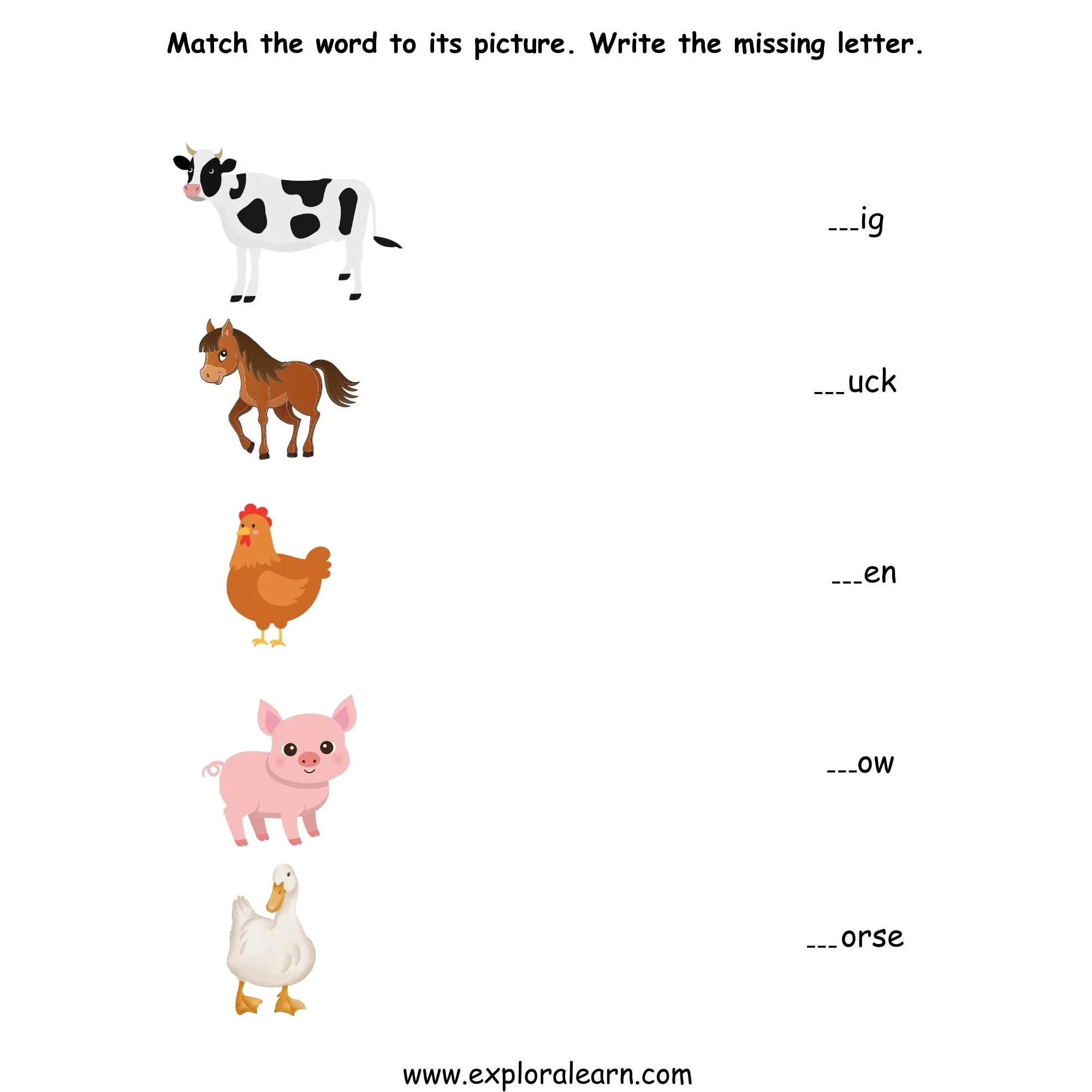 Free Exploralearn Worksheets, Words and Vocabulary,Animal Words