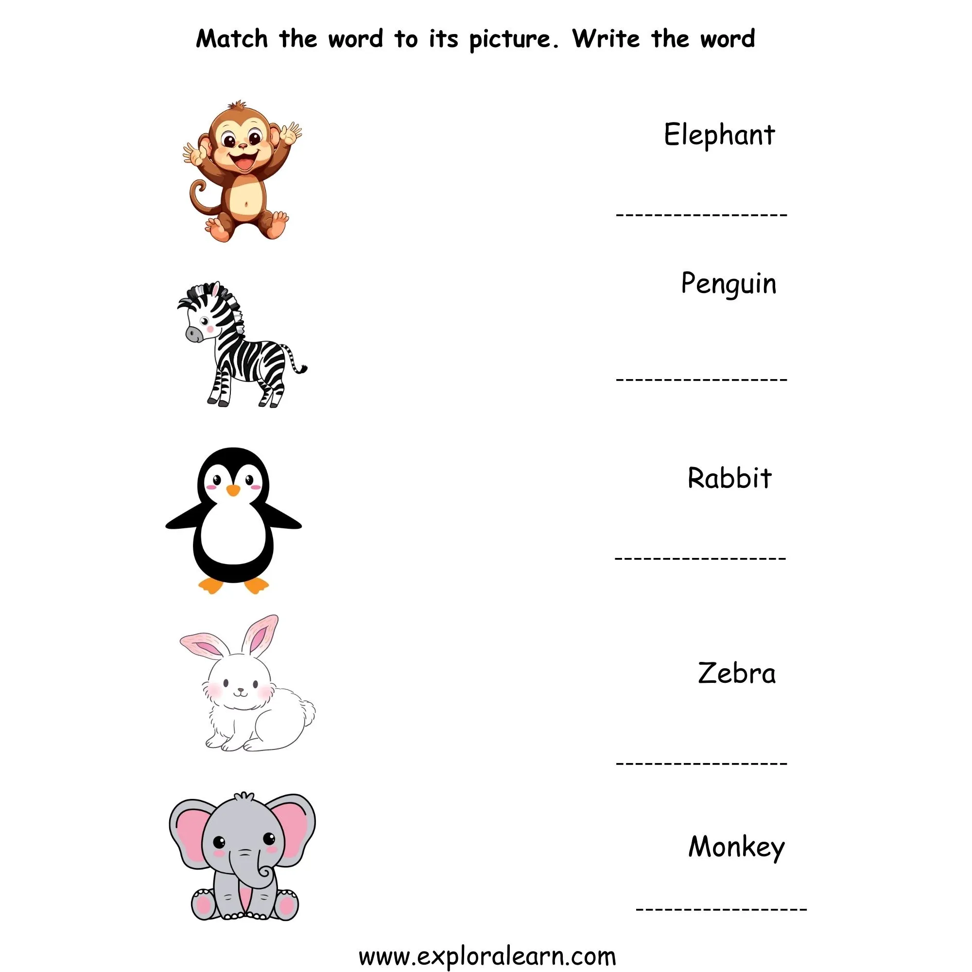 Free Exploralearn Worksheets, Words and Vocabulary,Animal Words