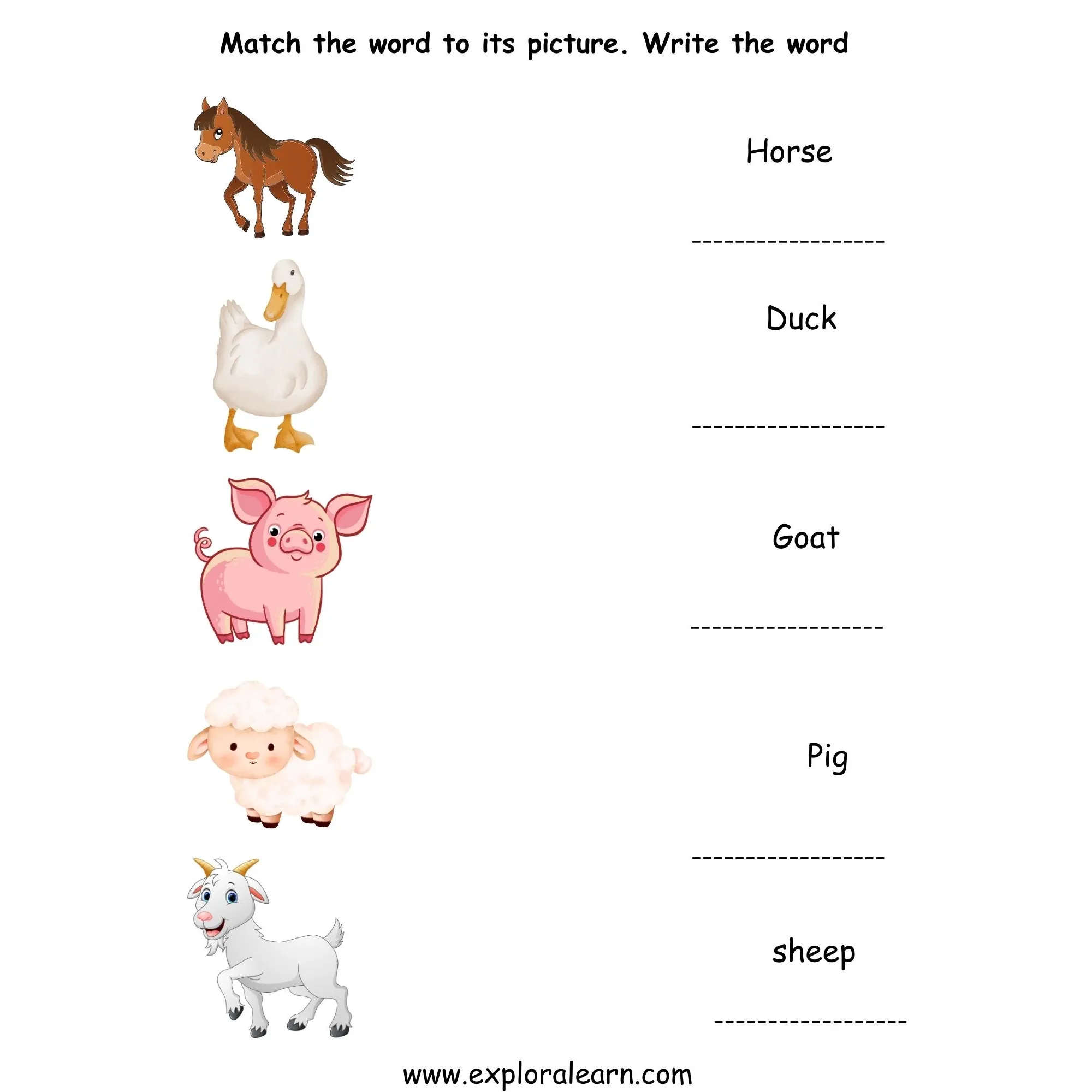 Free Exploralearn Worksheets, Words and Vocabulary,Animal Words
