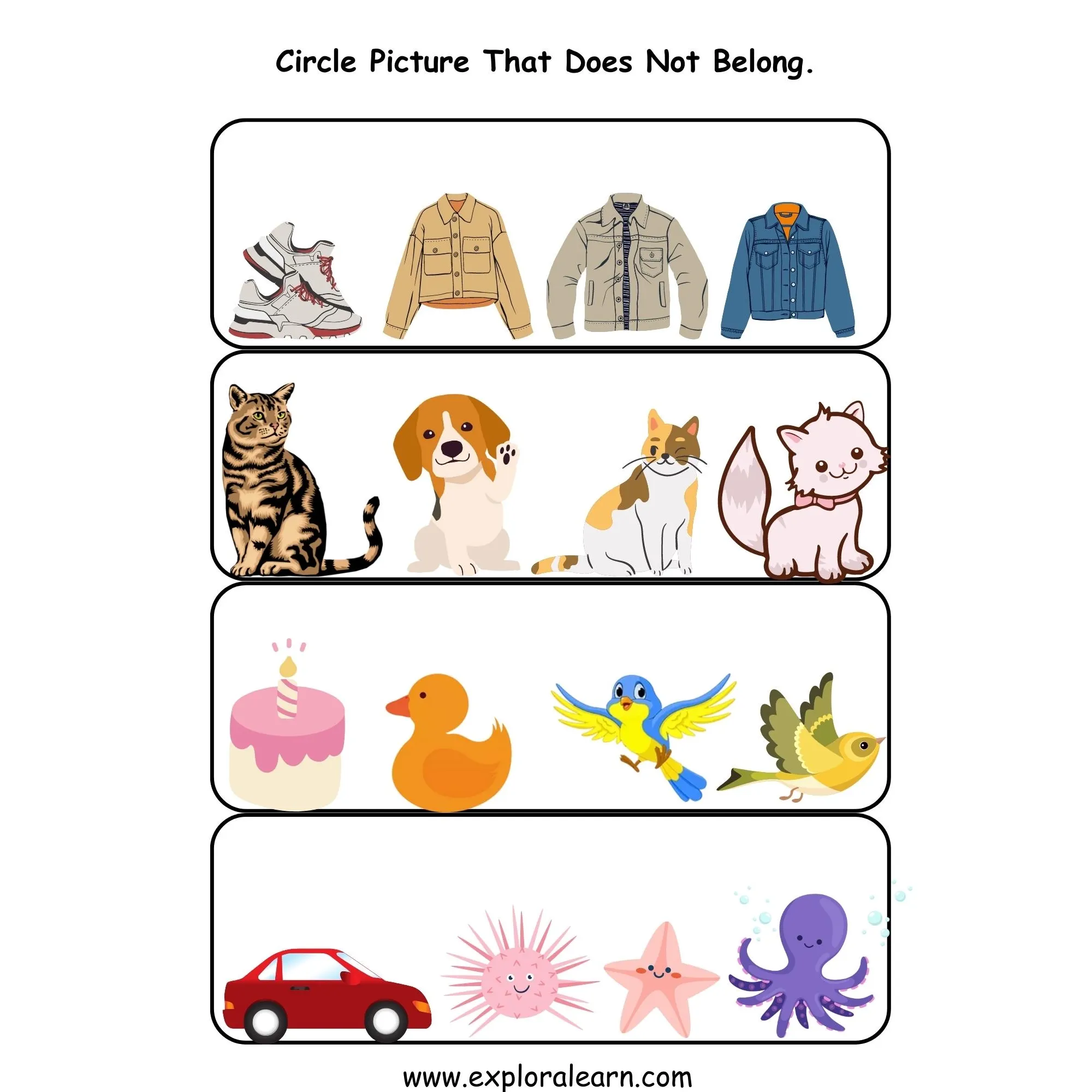 Free Exploralearn Worksheets, Logical Worksheets,Does Not Belong Level 1