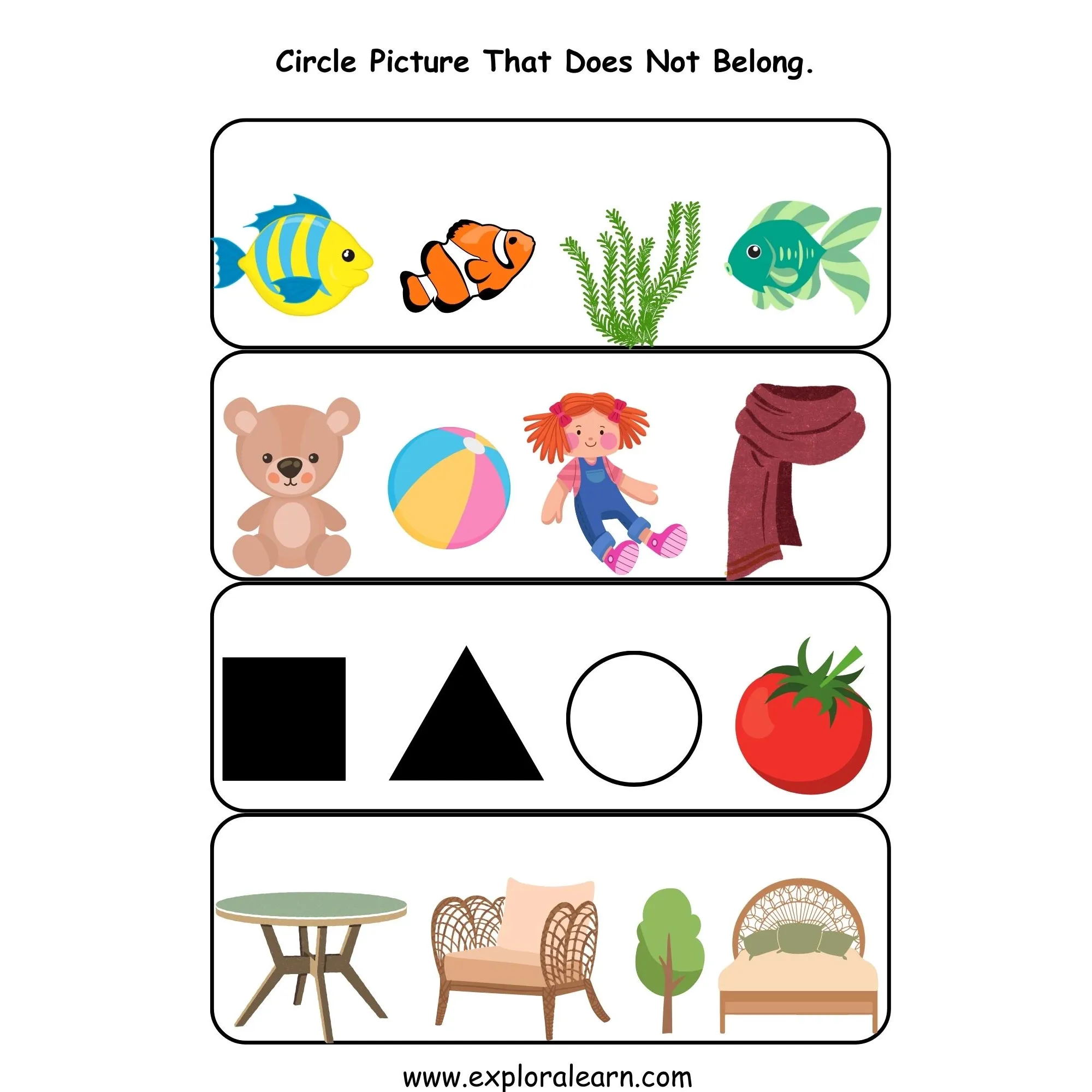 Free Exploralearn Worksheets, Logical Worksheets,Does Not Belong Level 1