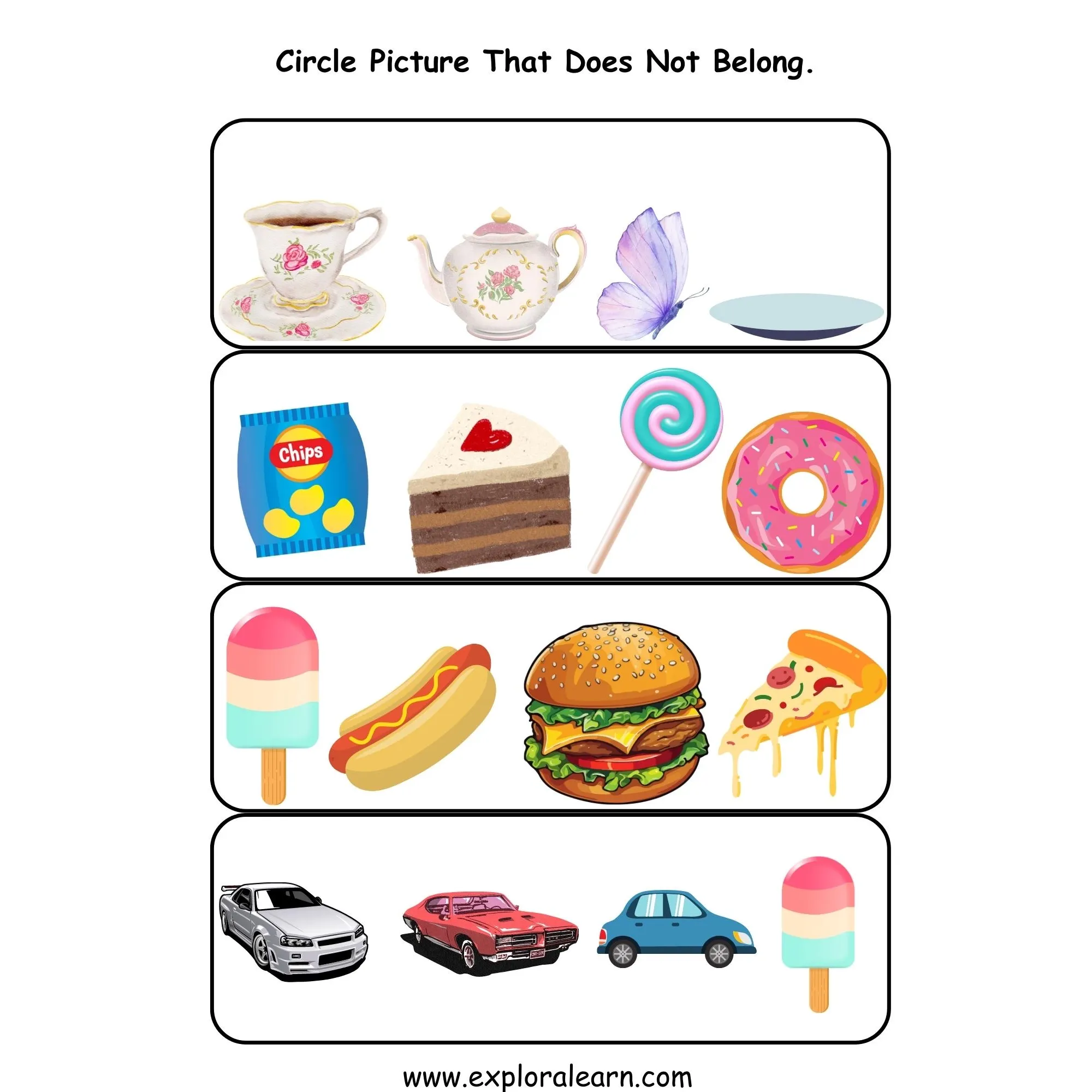 Free Exploralearn Worksheets, Logical Worksheets,Does Not Belong Level 1