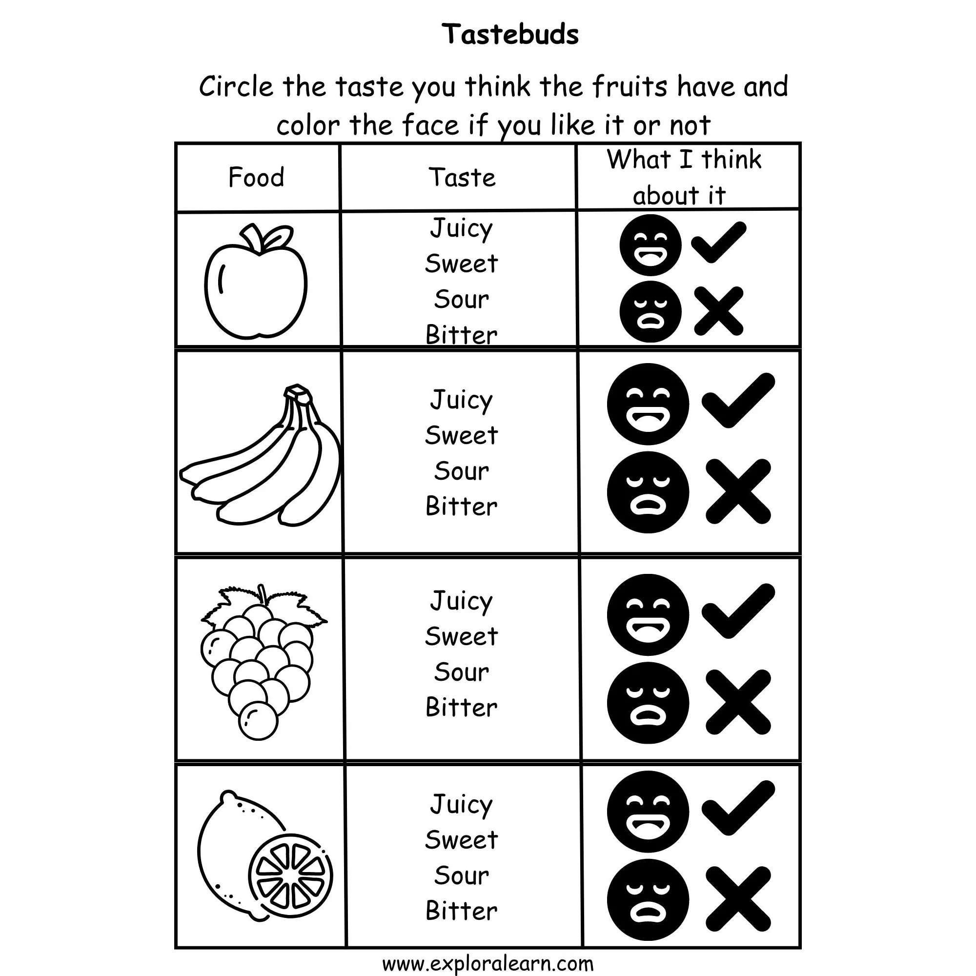 Free Exploralearn Worksheets, Food Taste