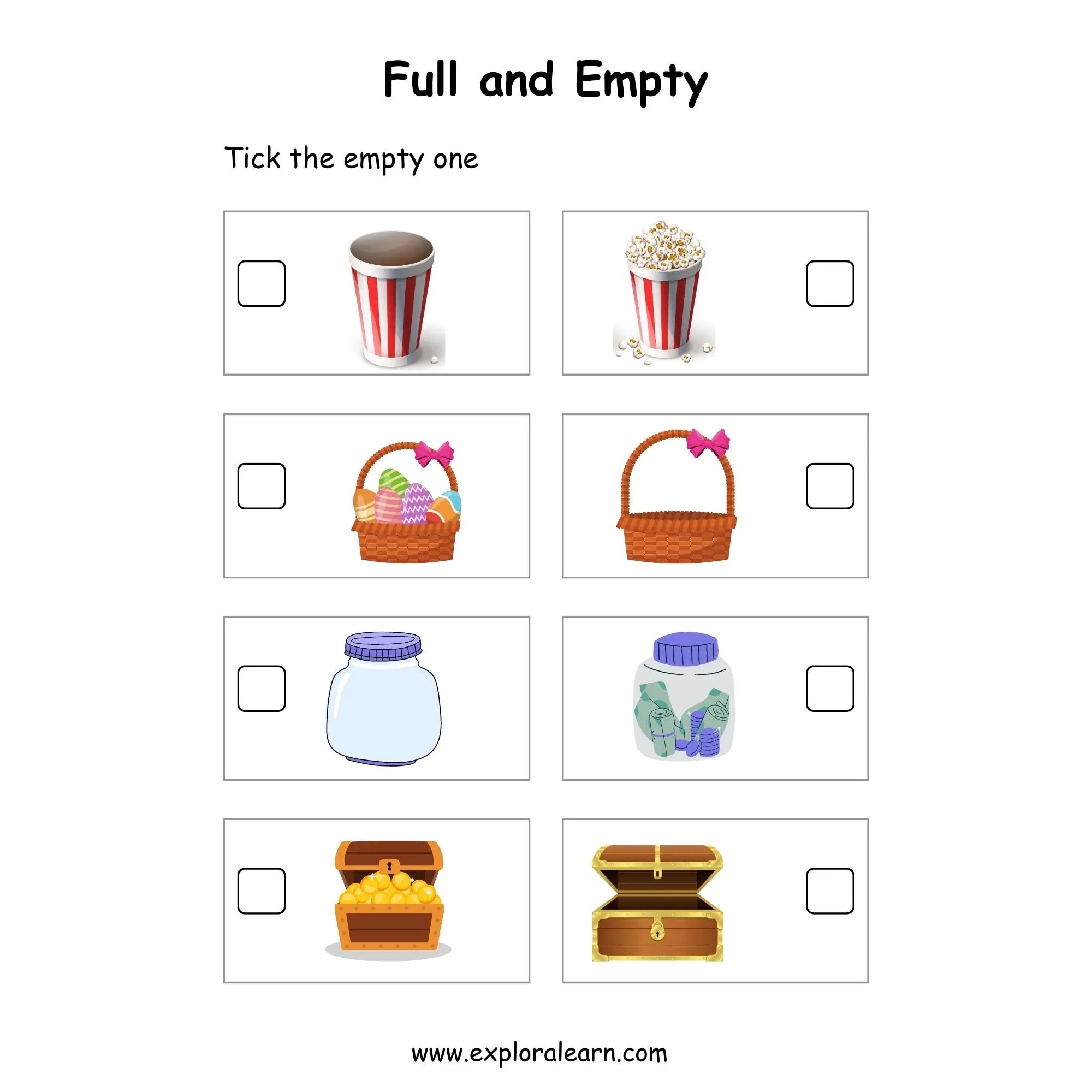 Free Exploralearn Worksheets, Comparisons Worksheets,Full and Empty