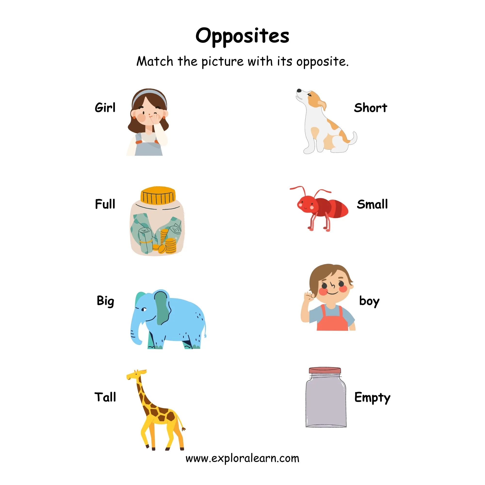 Free Exploralearn Worksheets, Comparisons Worksheets,Opposites