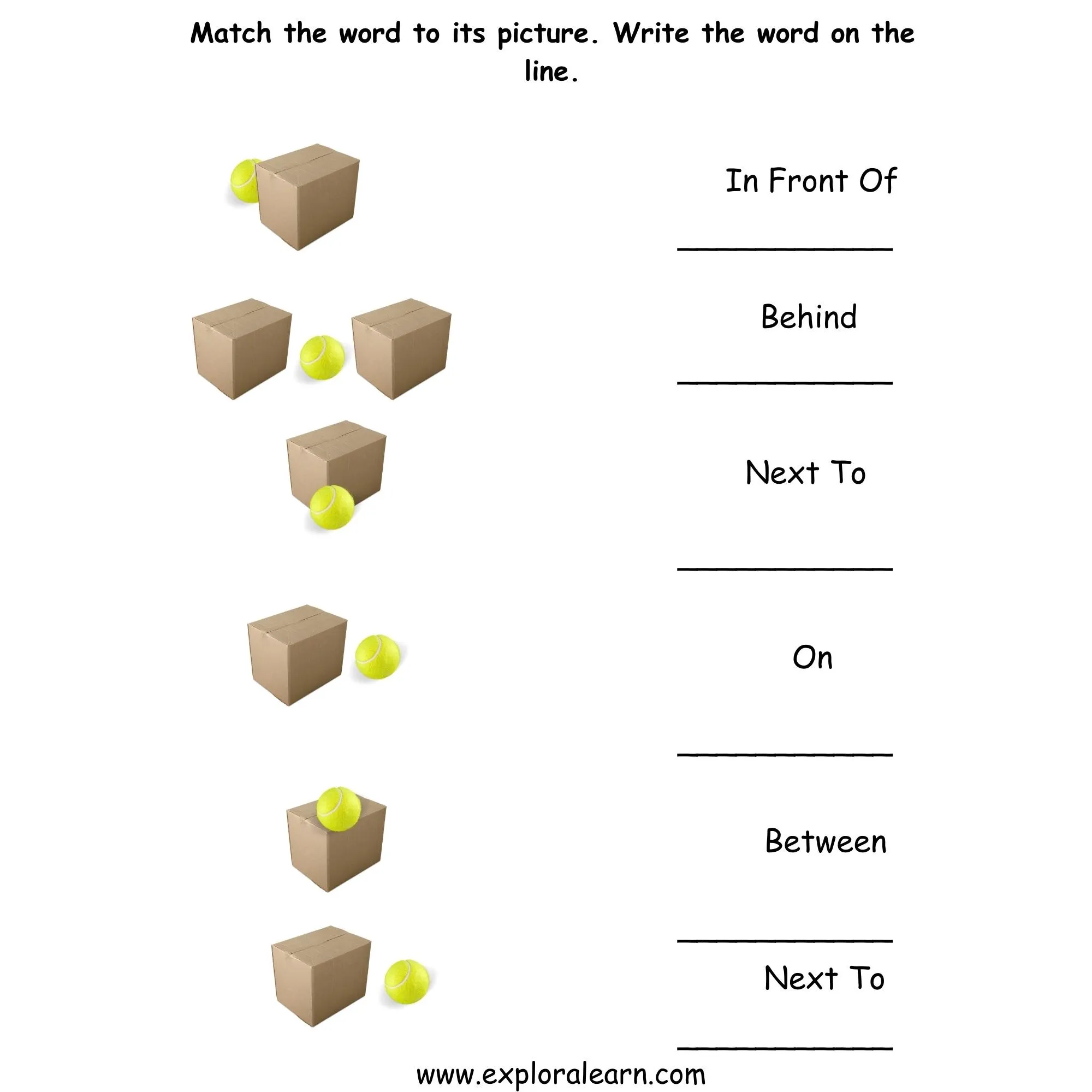 Free Exploralearn Worksheets, Words and Vocabulary,Position Words