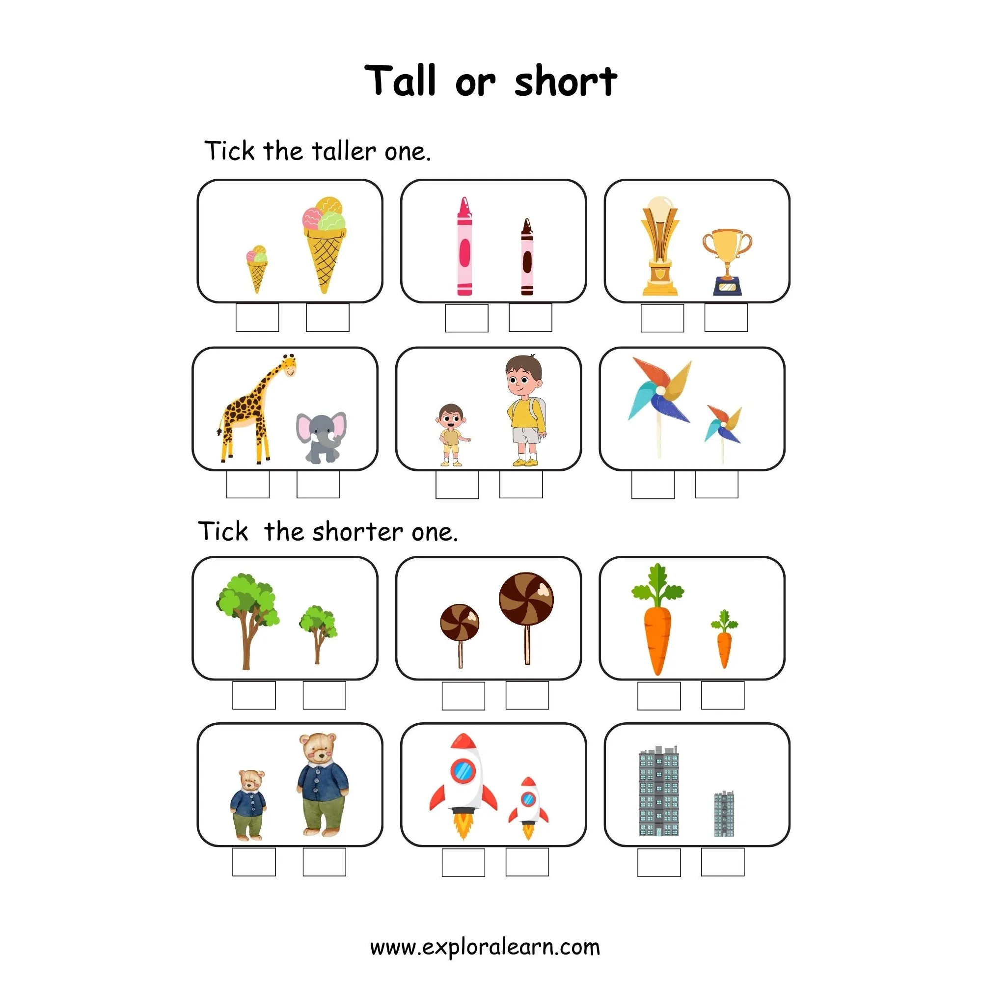 Free Exploralearn Worksheets, Comparisons Worksheets,Tall and Short