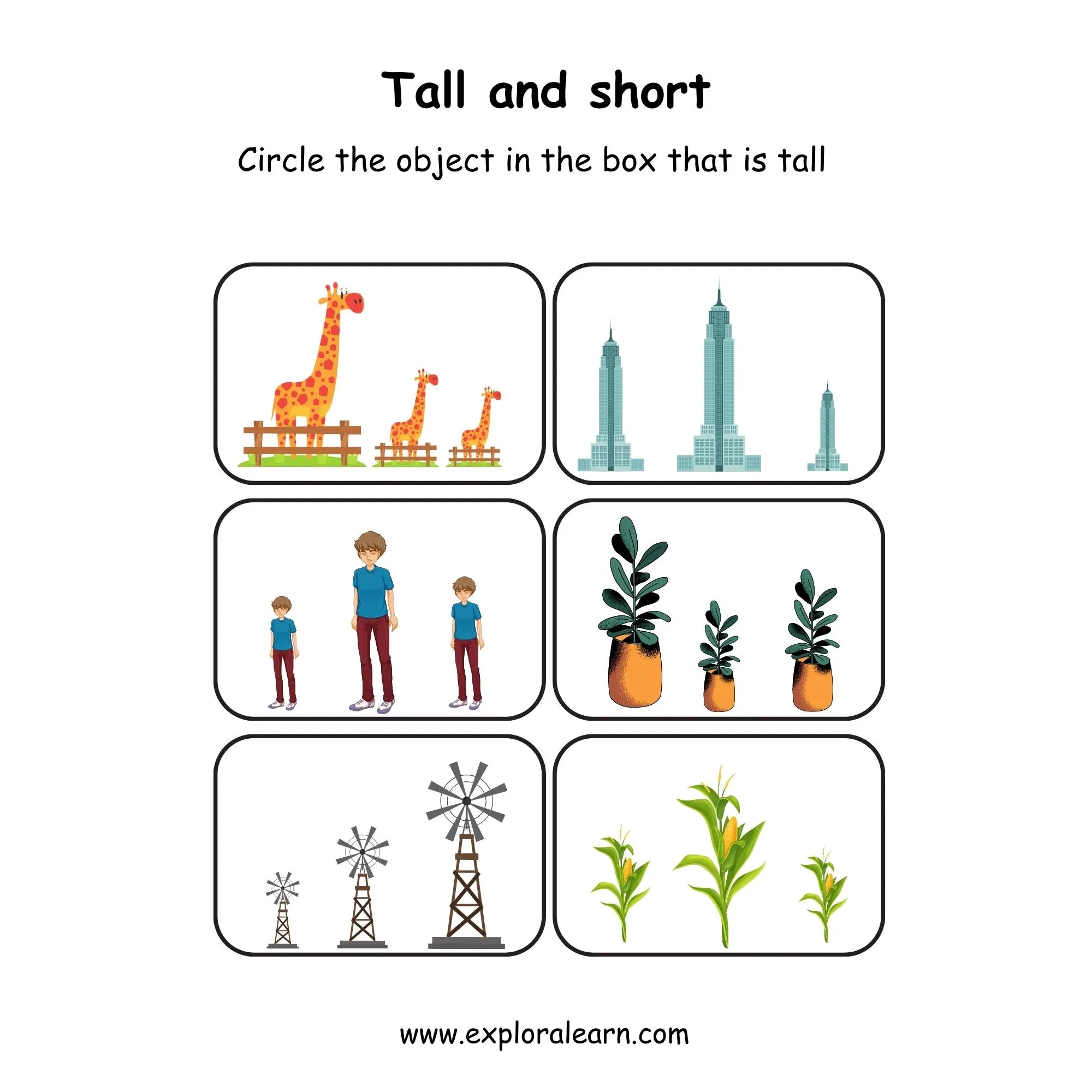 Free Exploralearn Worksheets, Comparisons Worksheets,Tall and Short