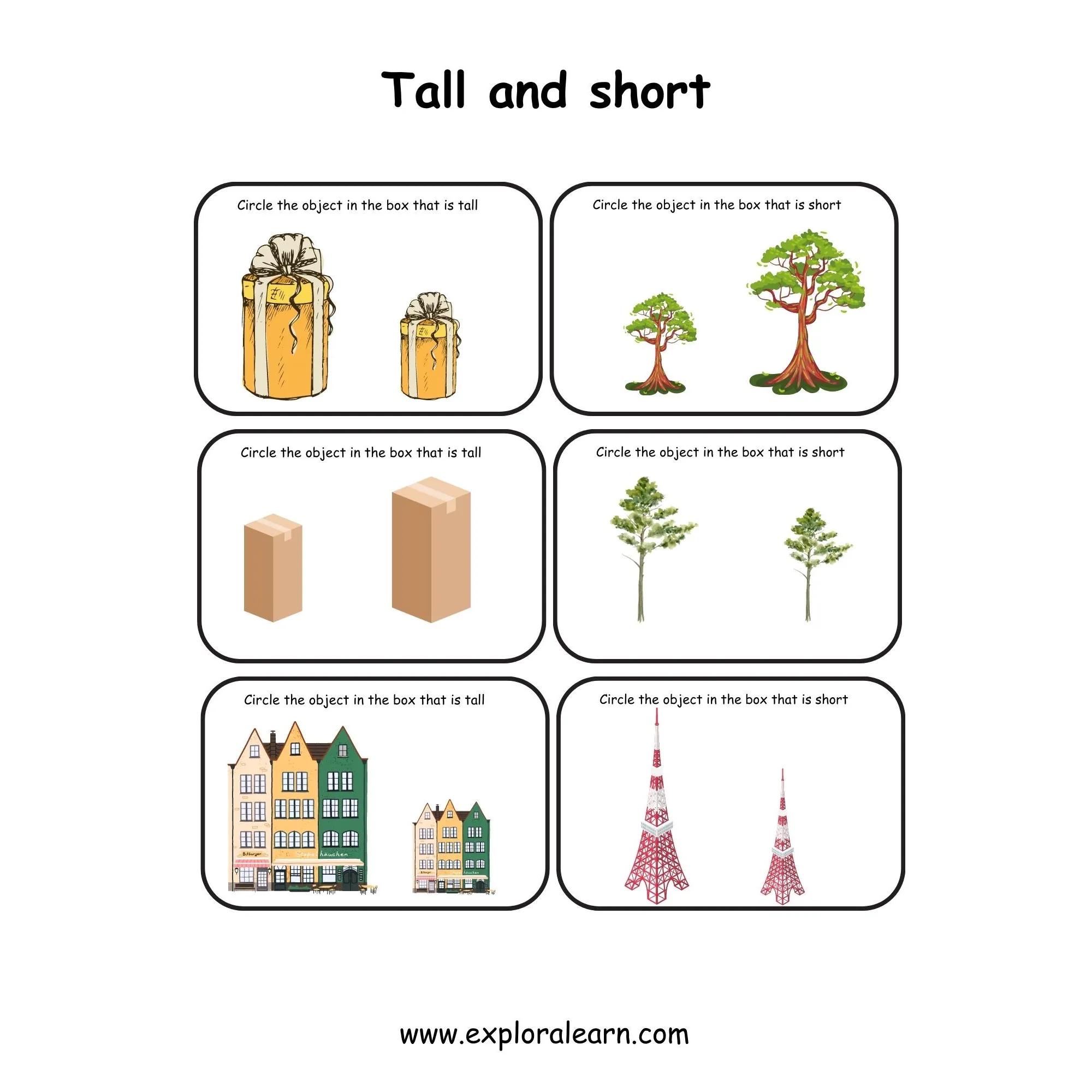 Free Exploralearn Worksheets, Comparisons Worksheets,Tall and Short