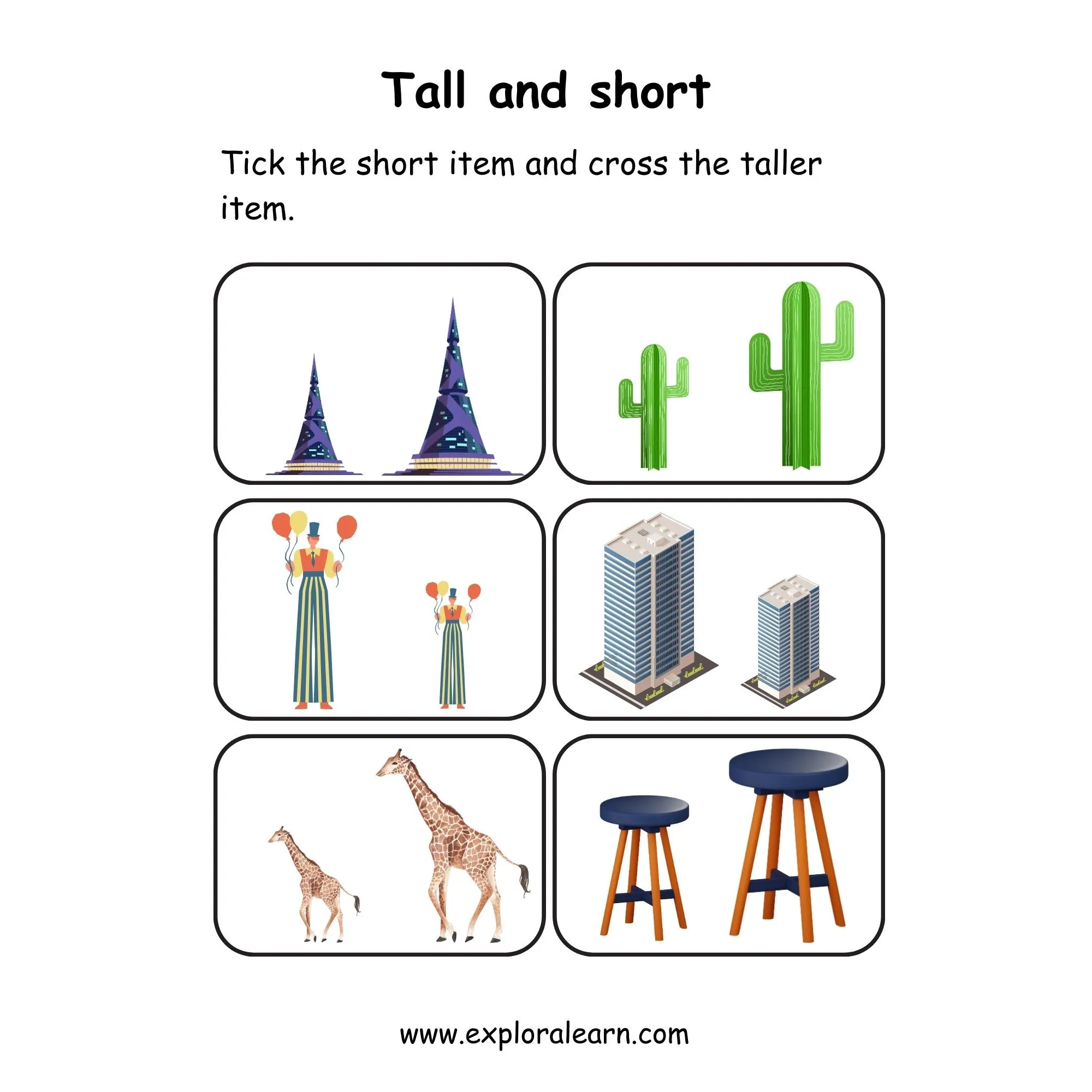 Free Exploralearn Worksheets, Comparisons Worksheets,Tall and Short