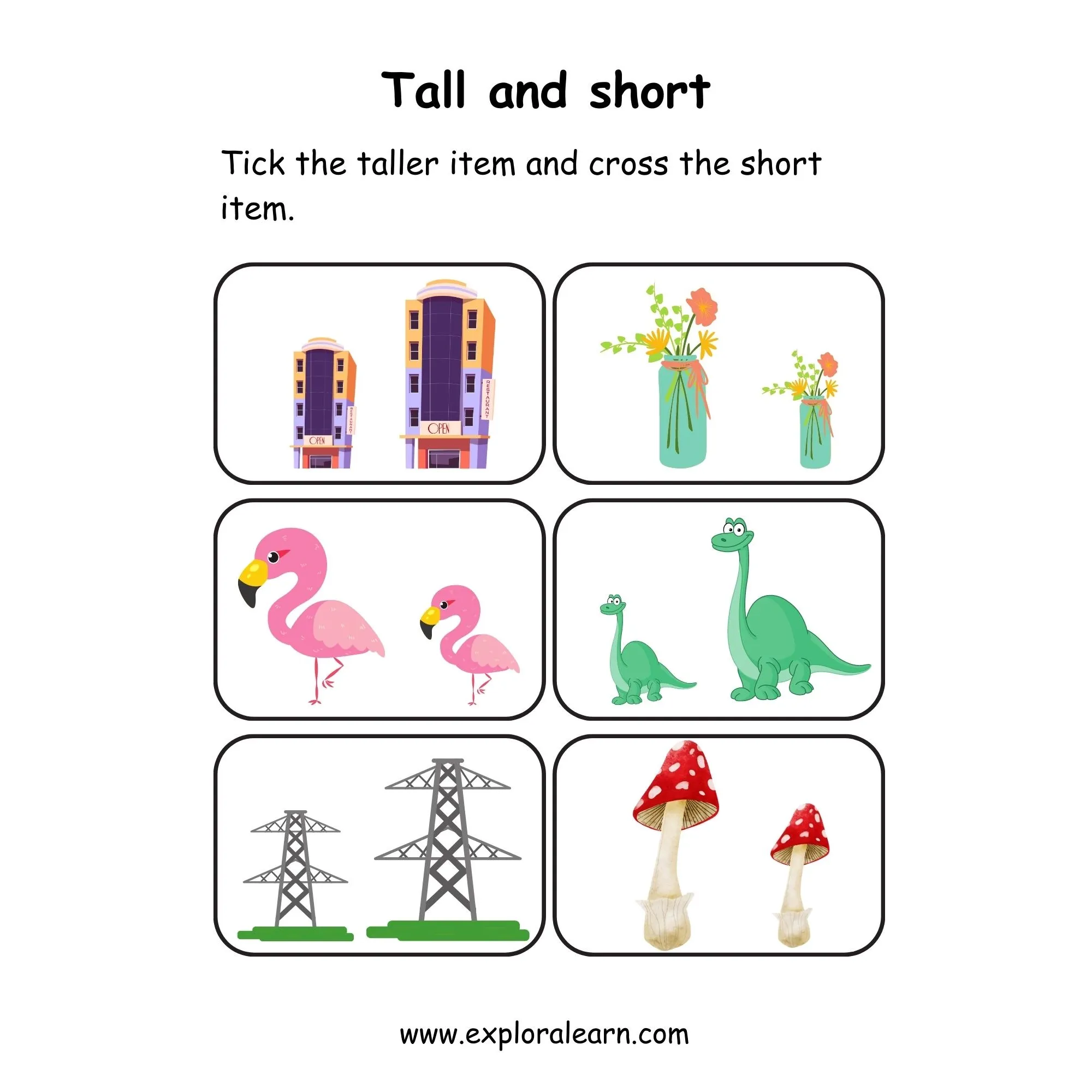 Free Exploralearn Worksheets, Comparisons Worksheets,Tall and Short