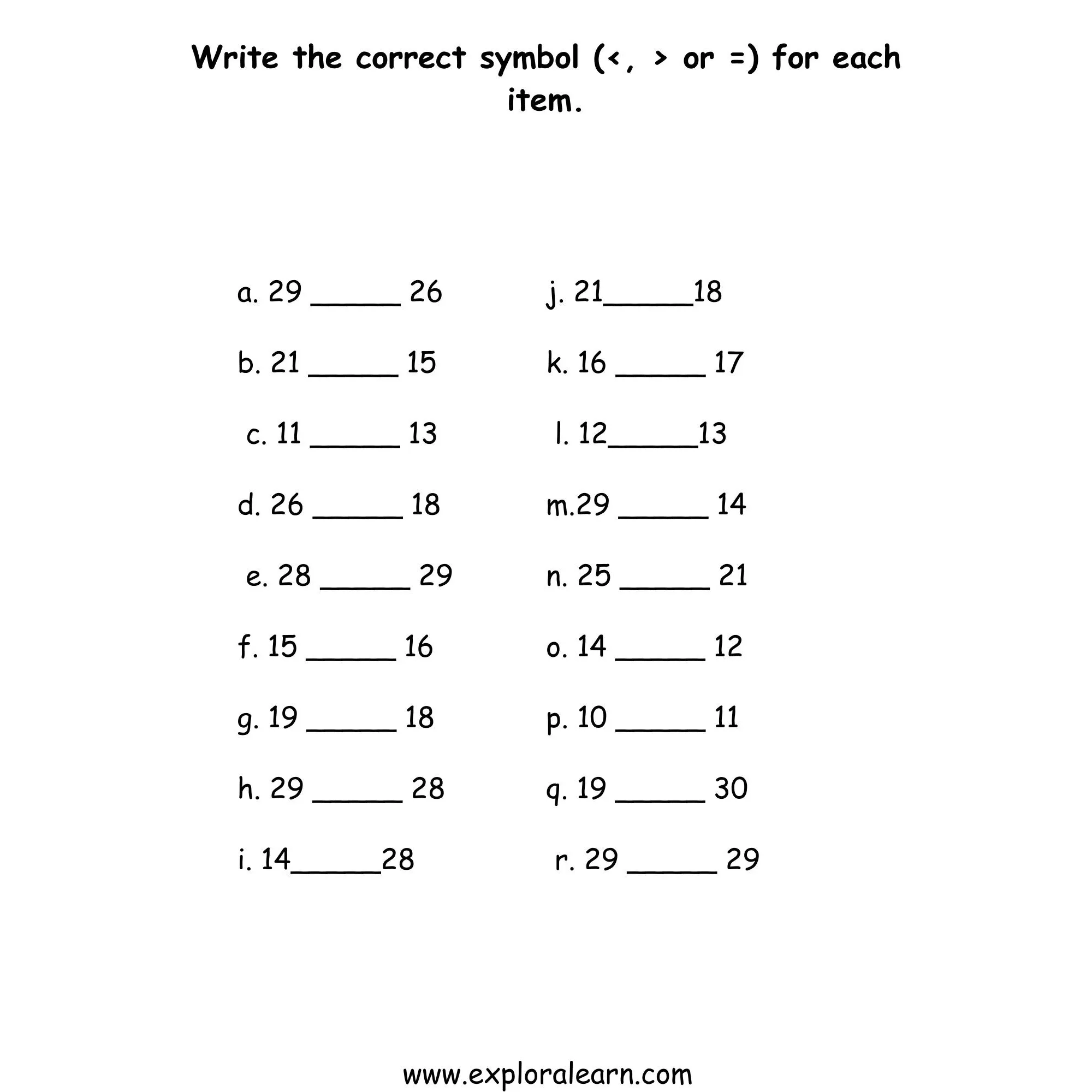 Free Exploralearn Worksheets, Class 1 Maths Worksheets,Comparing Number Free Exploralearn Worksheets, Class 1 Maths Worksheets,Comparing Number