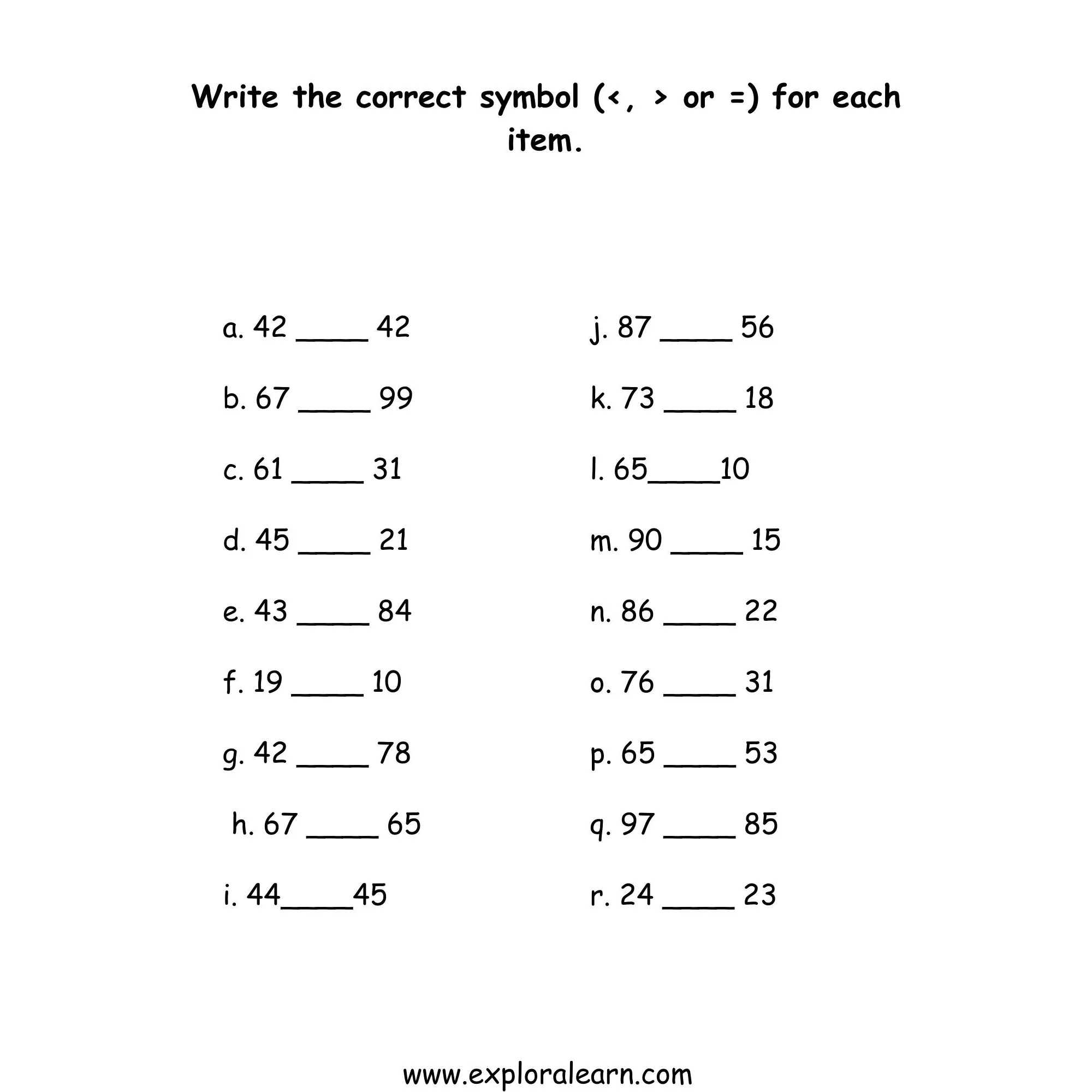 Free Exploralearn Worksheets, Class 1 Maths Worksheets,Comparing Number