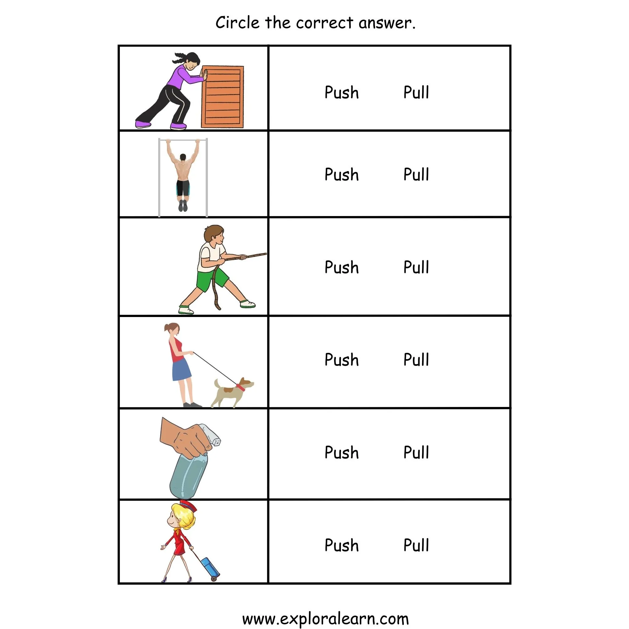 Free Exploralearn Worksheets, Class 1 Science Worksheets,Push or Pull