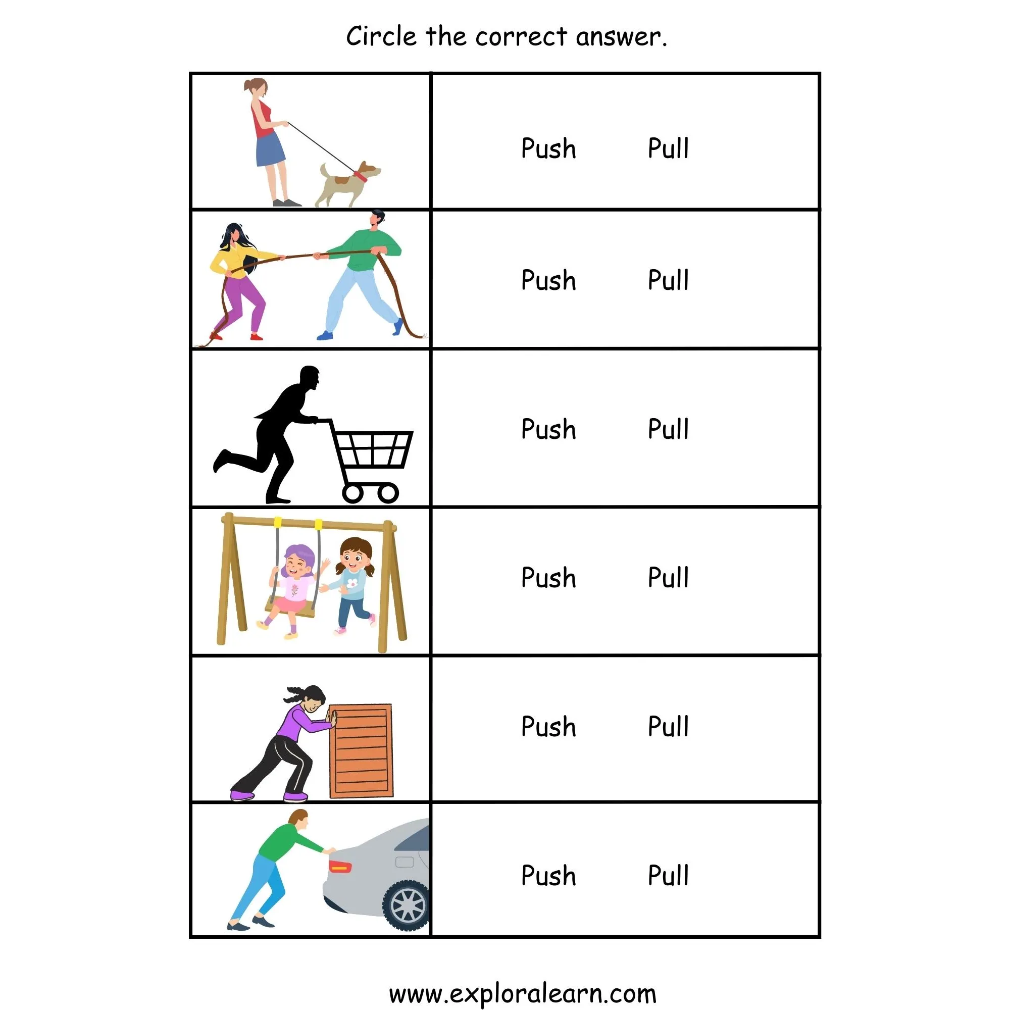 Free Exploralearn Worksheets, Class 1 Science Worksheets,Push or Pull