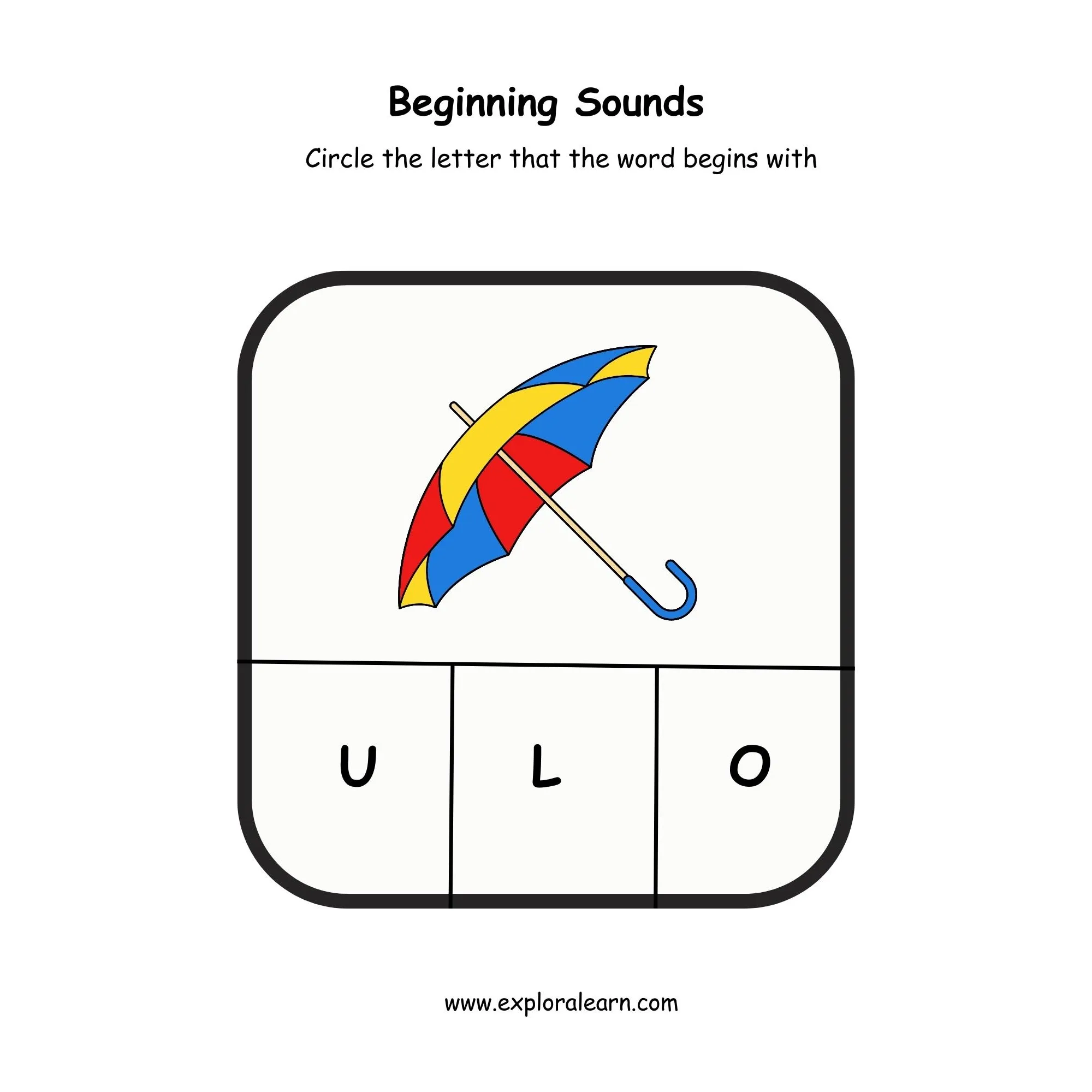 Free Exploralearn Worksheets, beginning sound worksheet u