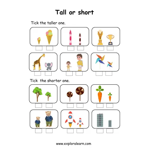 Free Exploralearn Worksheets, Comparisons Worksheets,Tall and Short