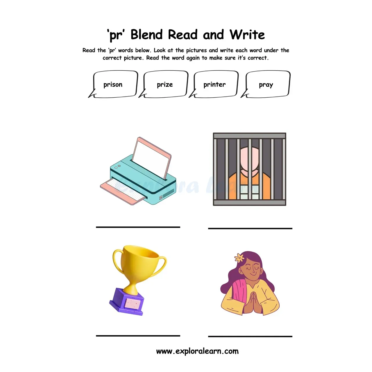Free Exploralearn Worksheets, Consonant Blends Practice Worksheet