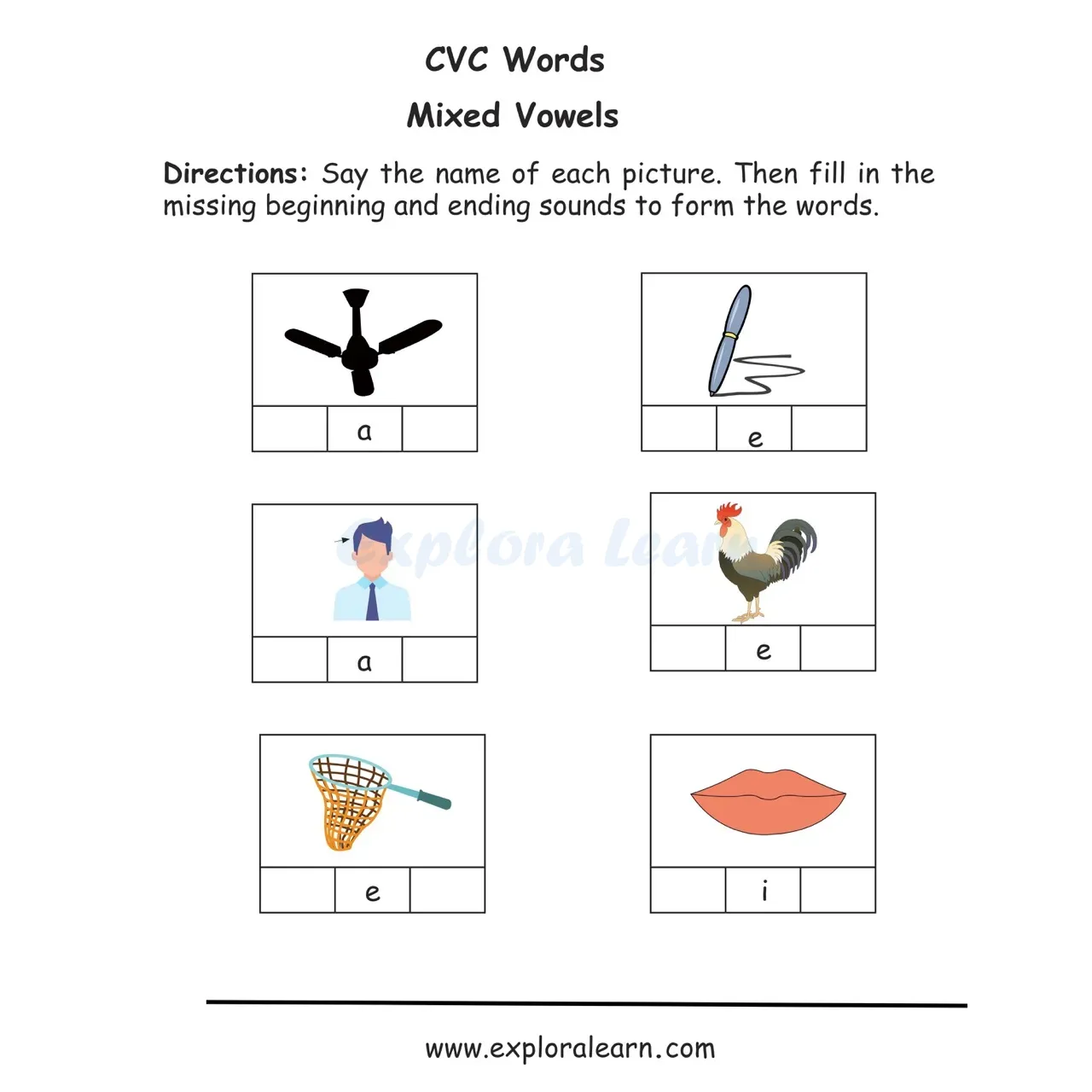 Free Exploralearn Worksheets, CVC Practice Worksheet