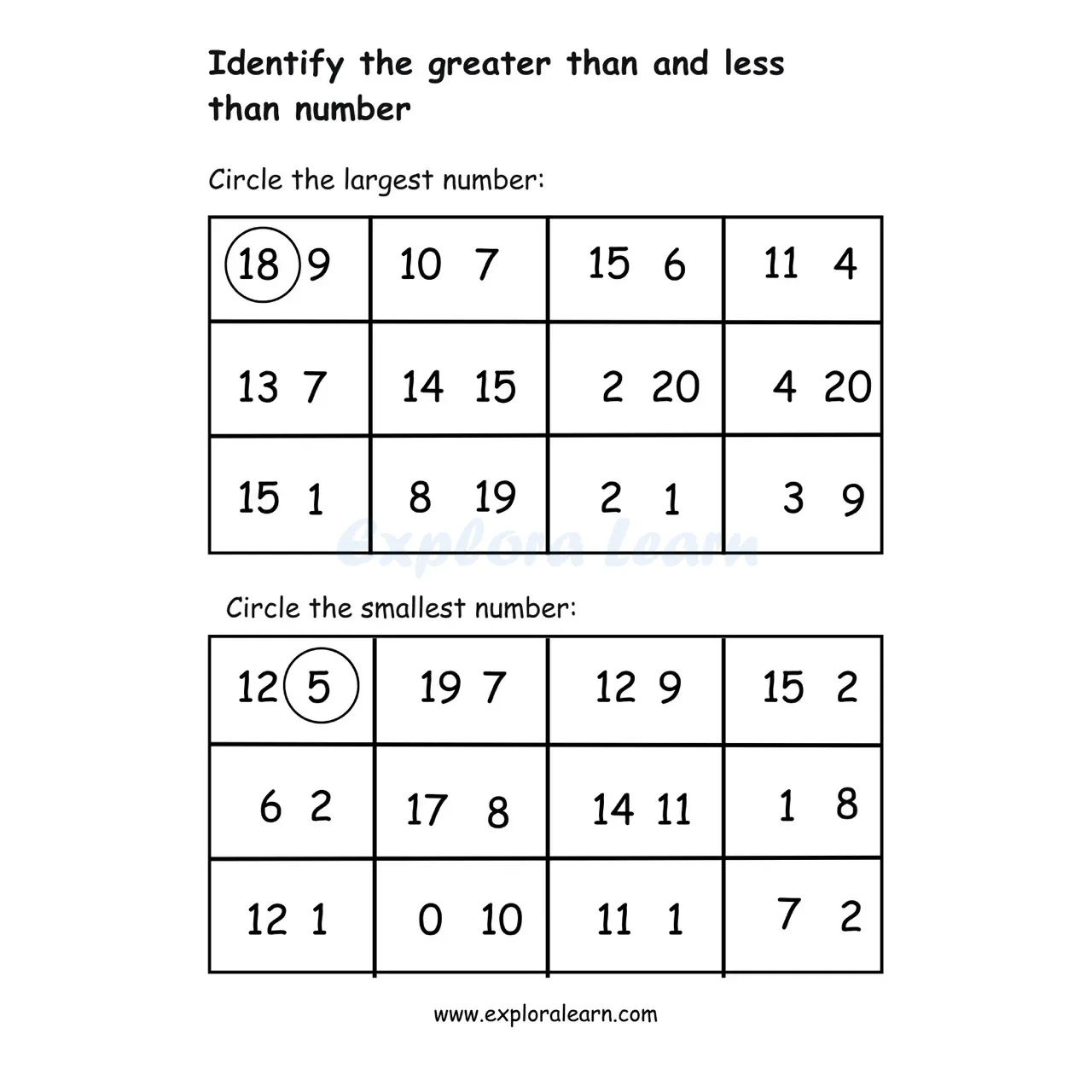Free Exploralearn Worksheets, Number Comparison Worksheets