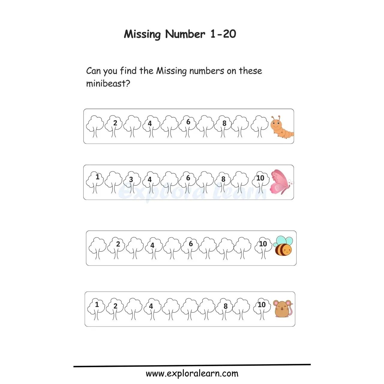 Free Exploralearn Worksheets, Missing Number Sequence Worksheets