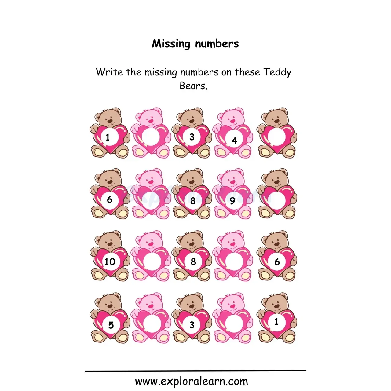 Free Exploralearn Worksheets, Missing Number Sequence Worksheets