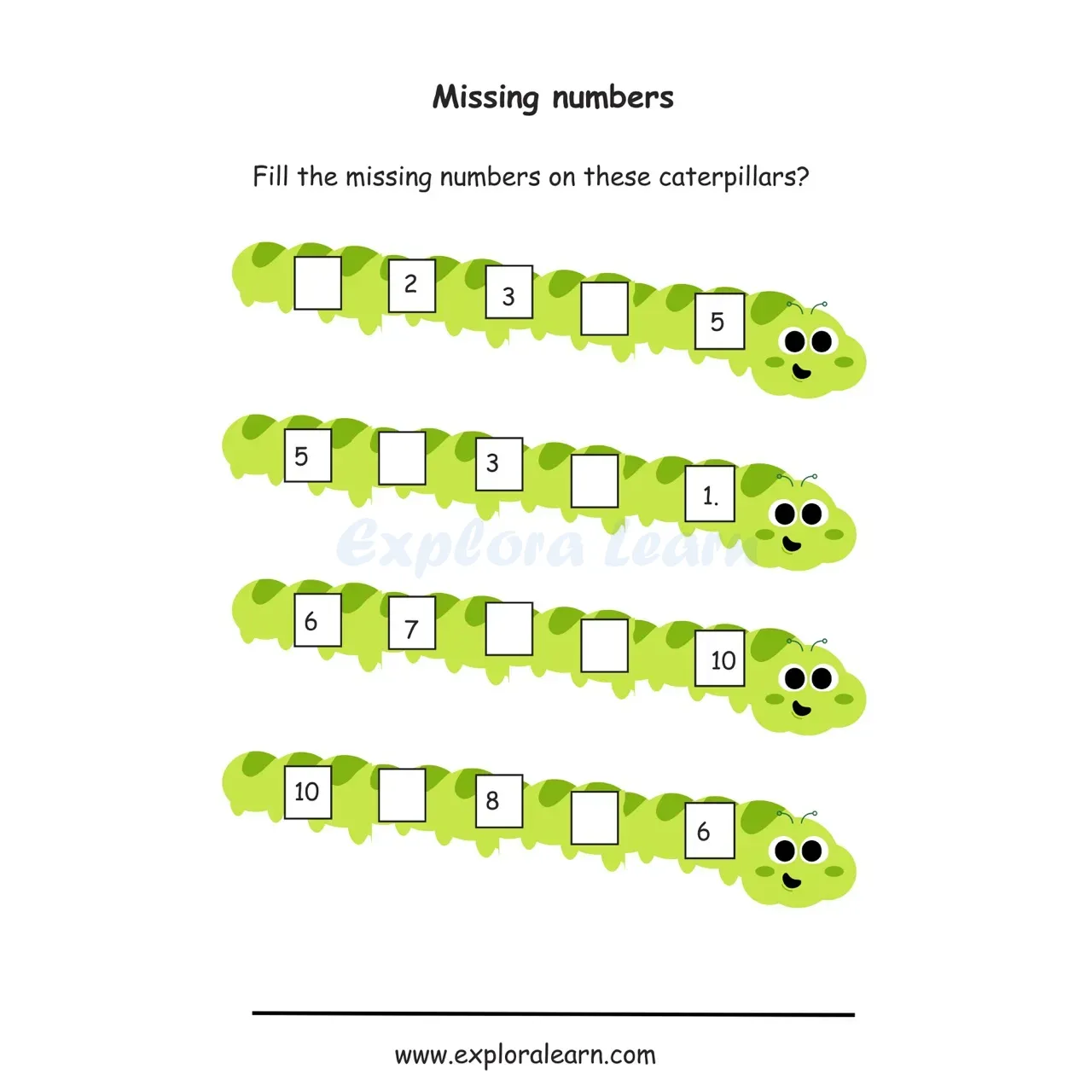 Free Exploralearn Worksheets, Missing Number Sequence Worksheets