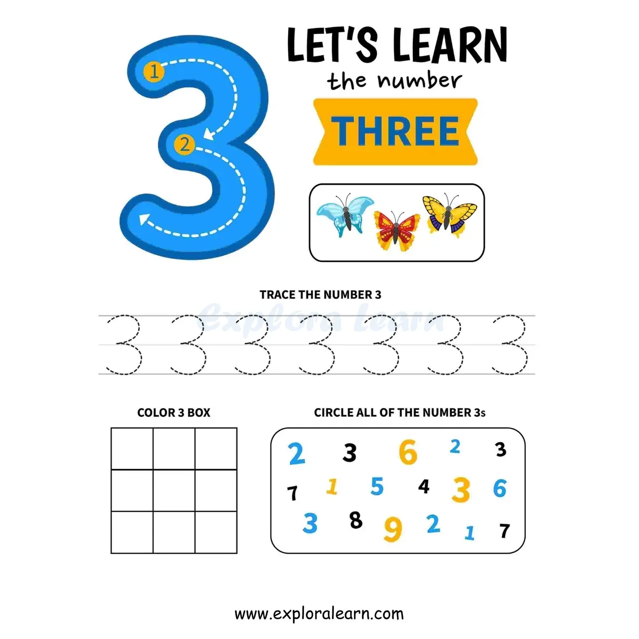 Free Exploralearn Worksheets, Number Writing Practice worksheet 3