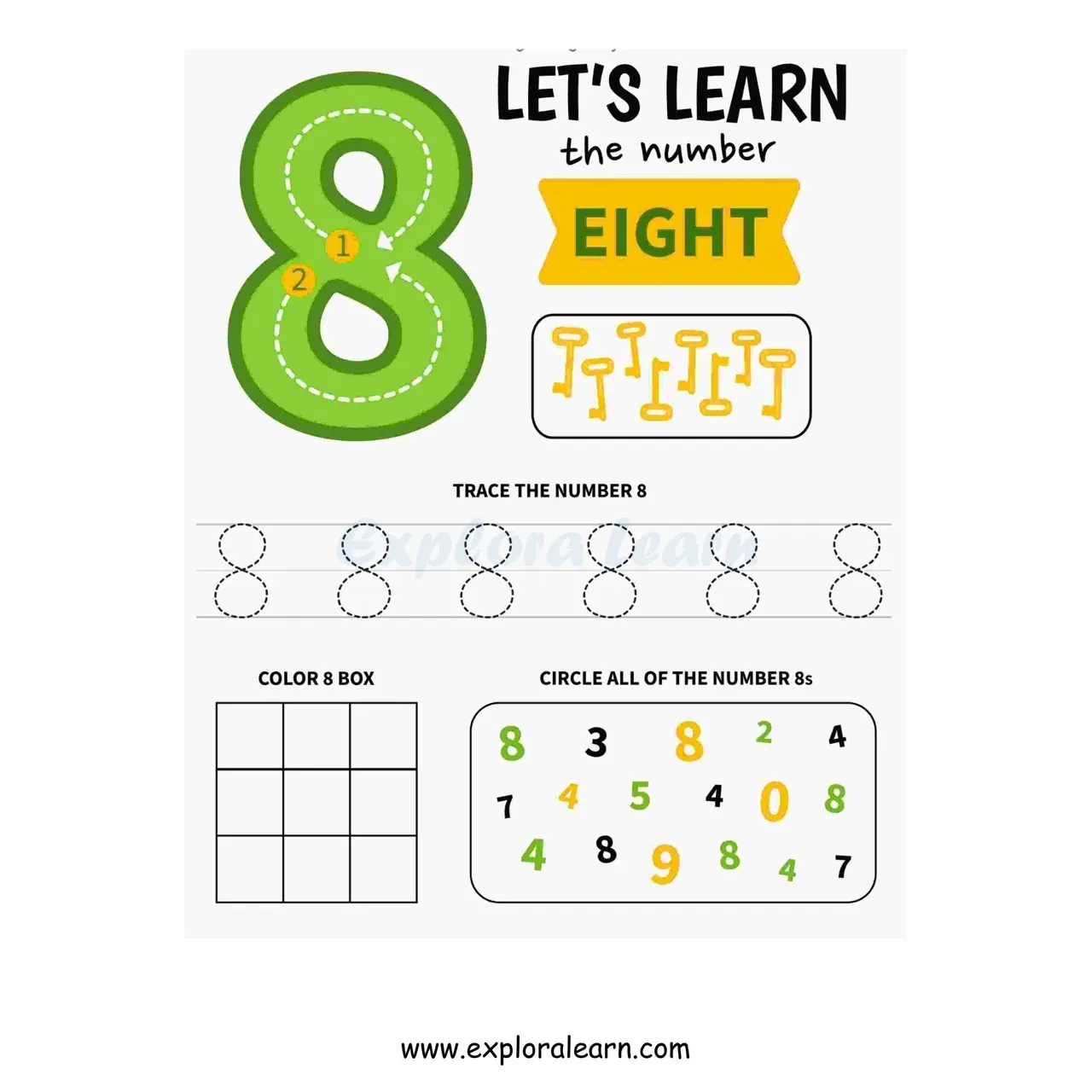 Free Exploralearn Worksheets, Number Writing Practice worksheet 8