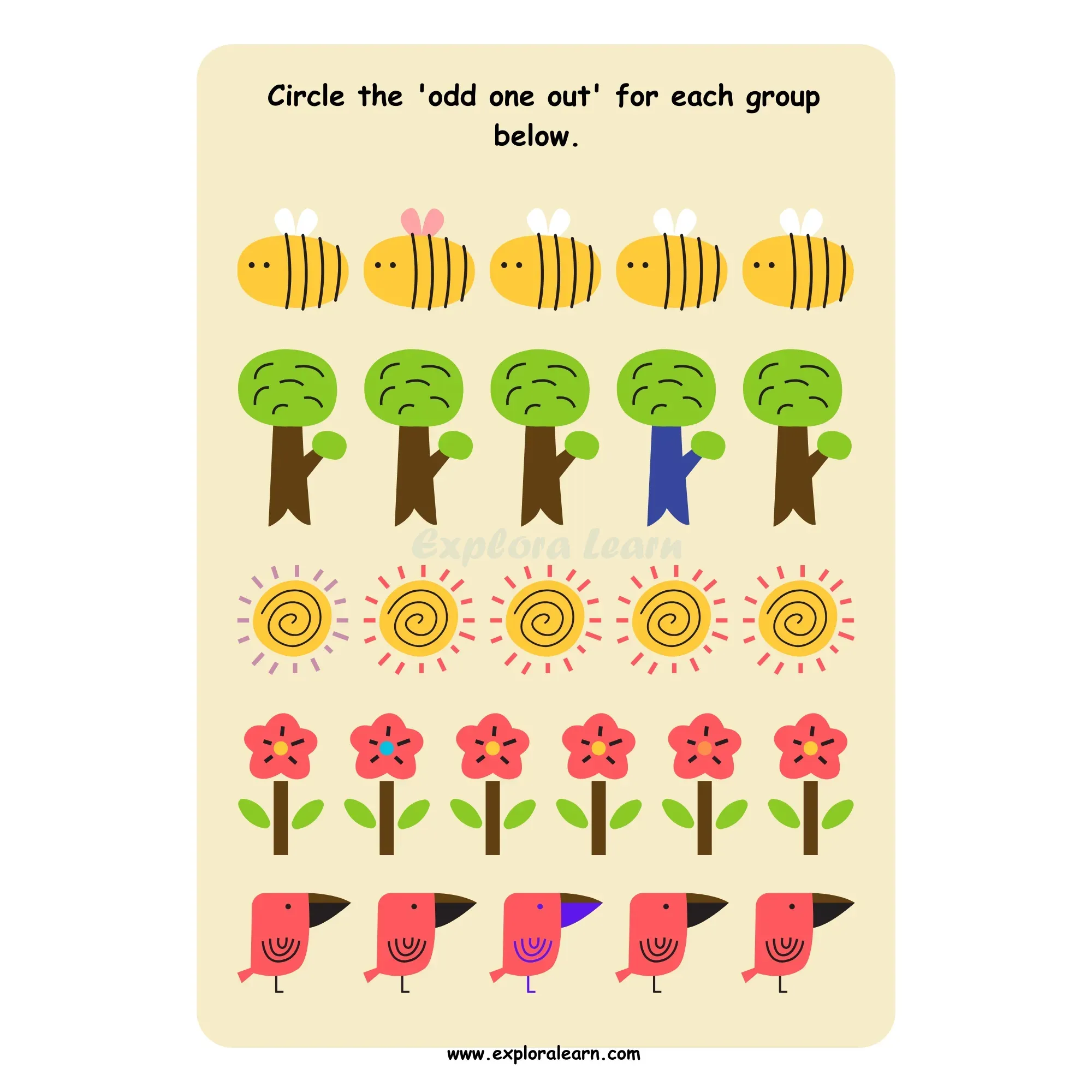 Free Exploralearn Worksheets, Logical Worksheets,Odd One Out Level 1