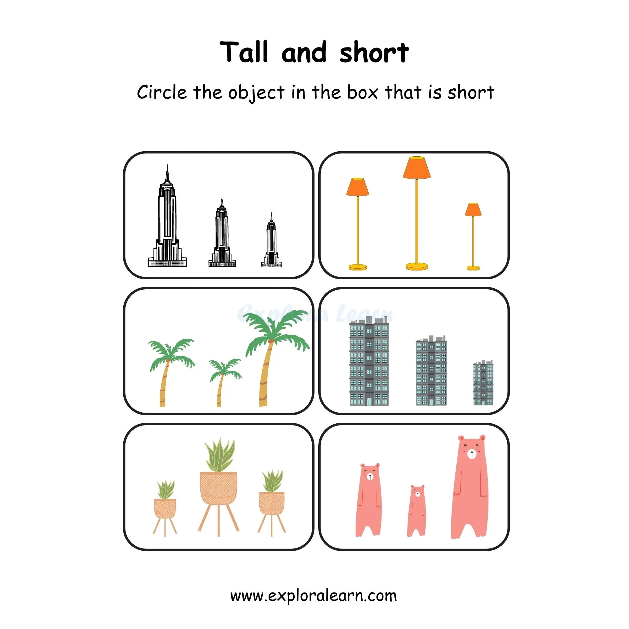 Free Exploralearn Worksheets, Comparisons Worksheets,Tall and Short