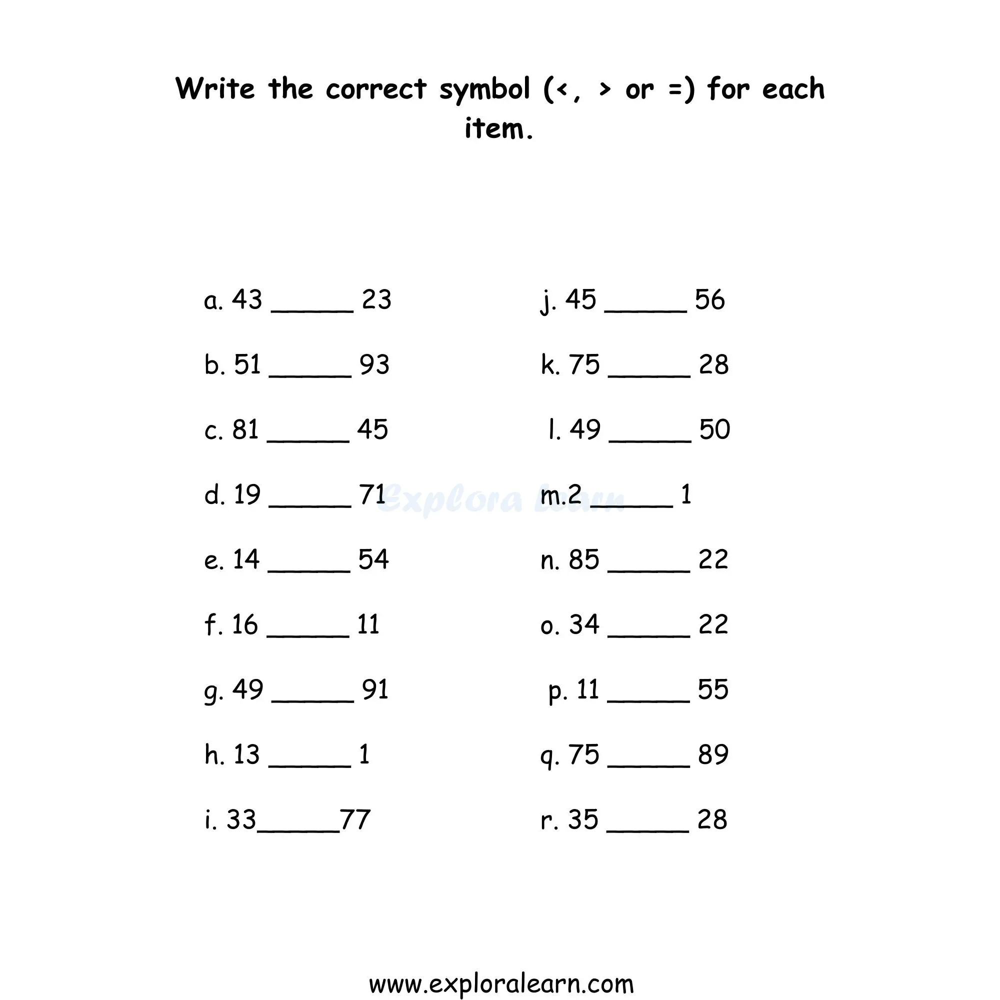 Free Exploralearn Worksheets, Class 1 Maths Worksheets,Comparing Number