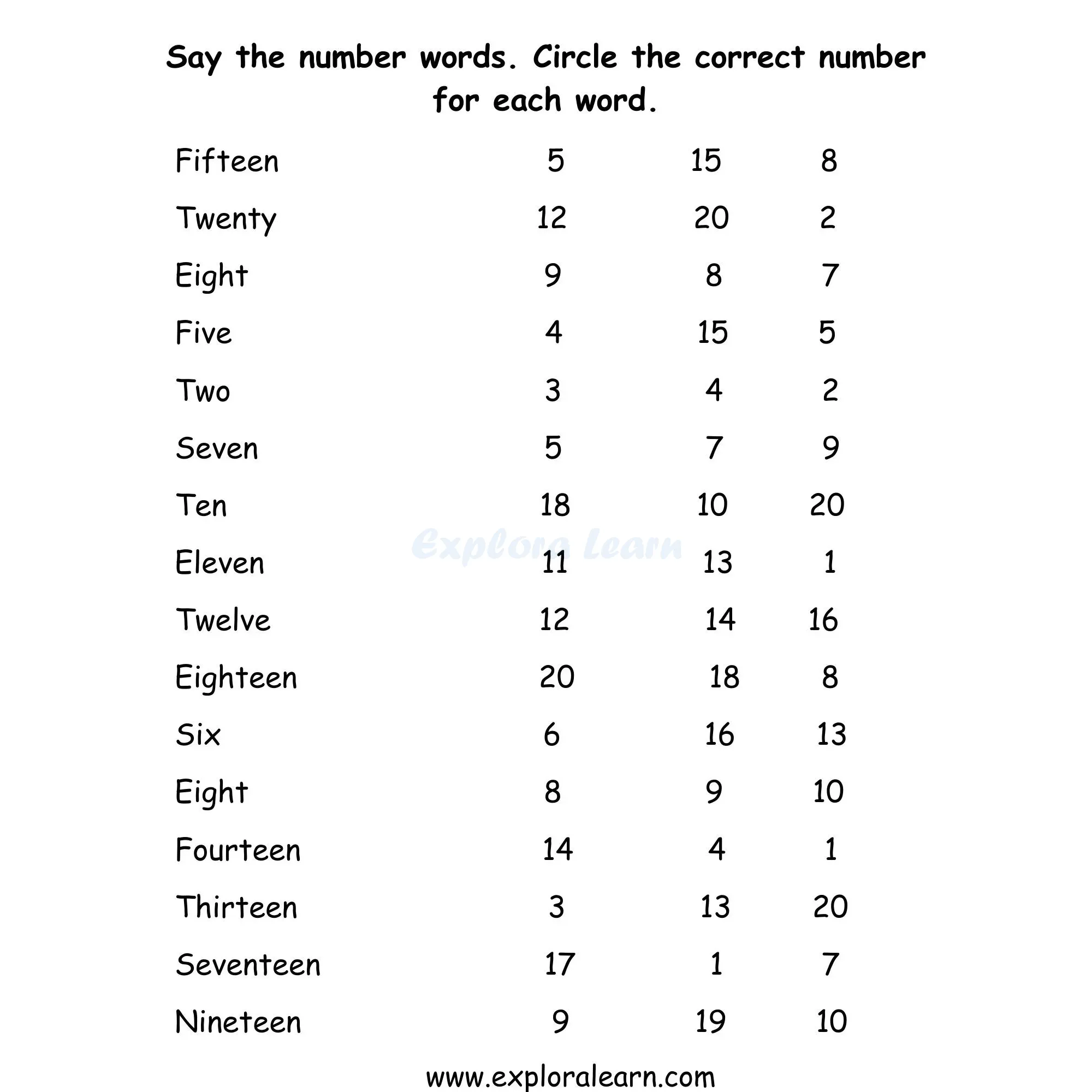 Free Exploralearn Worksheets, Class 1 Maths Worksheets,Number of Words