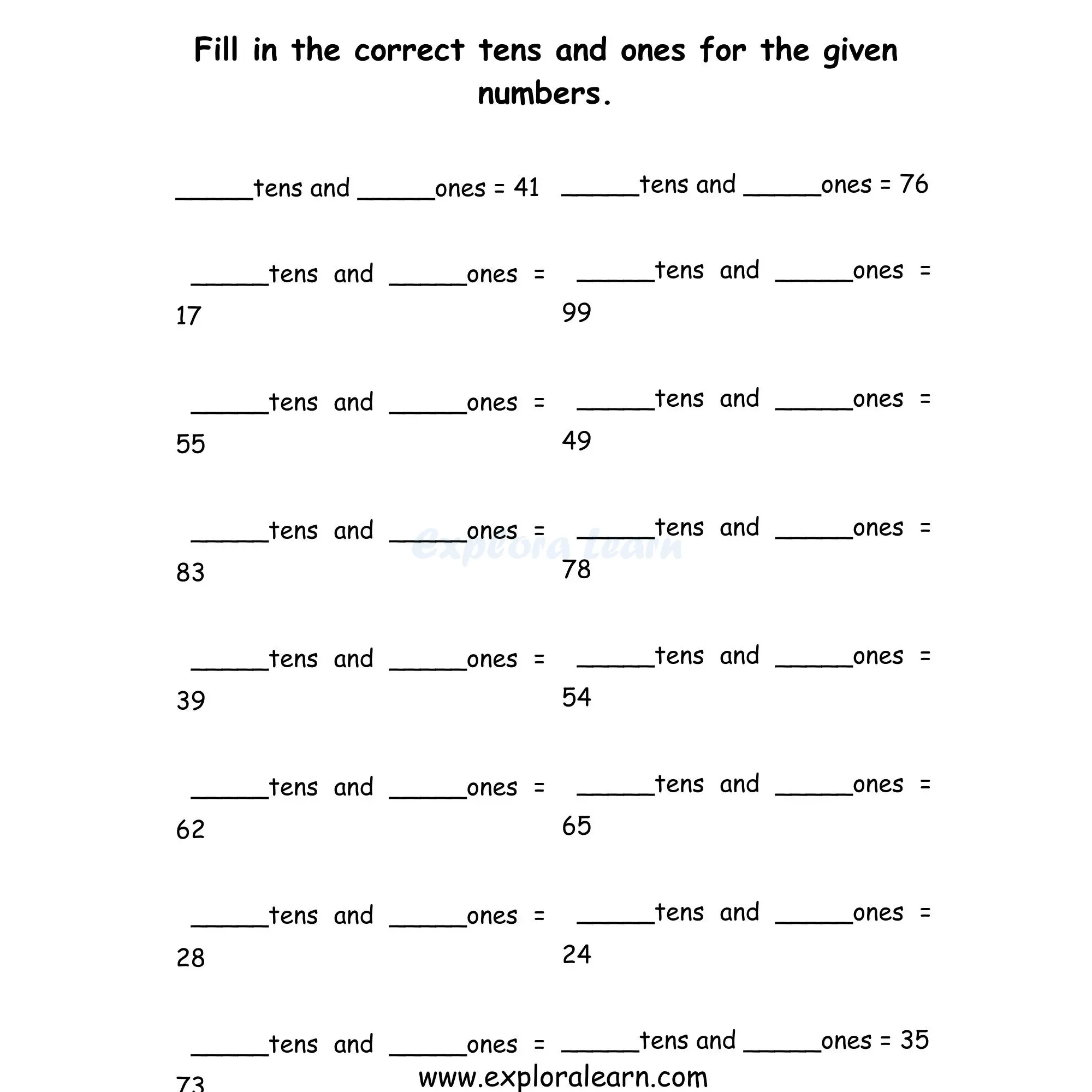 Free Exploralearn Worksheets, Class 1 Maths Worksheets,Place Values 10 ...