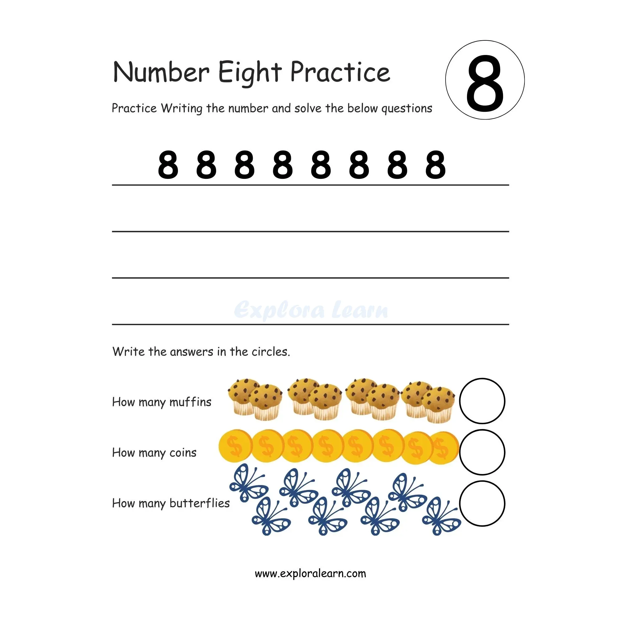 Free Exploralearn Worksheets, Number Writing Practice worksheet 8