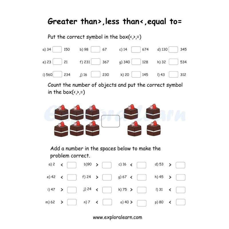Free Exploralearn Worksheets, Number Comparison Worksheets